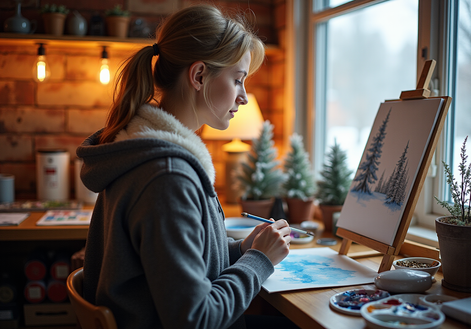 Artist Creating a Winter Watercolor Scene Artist Creating a Winter Watercolor Scene