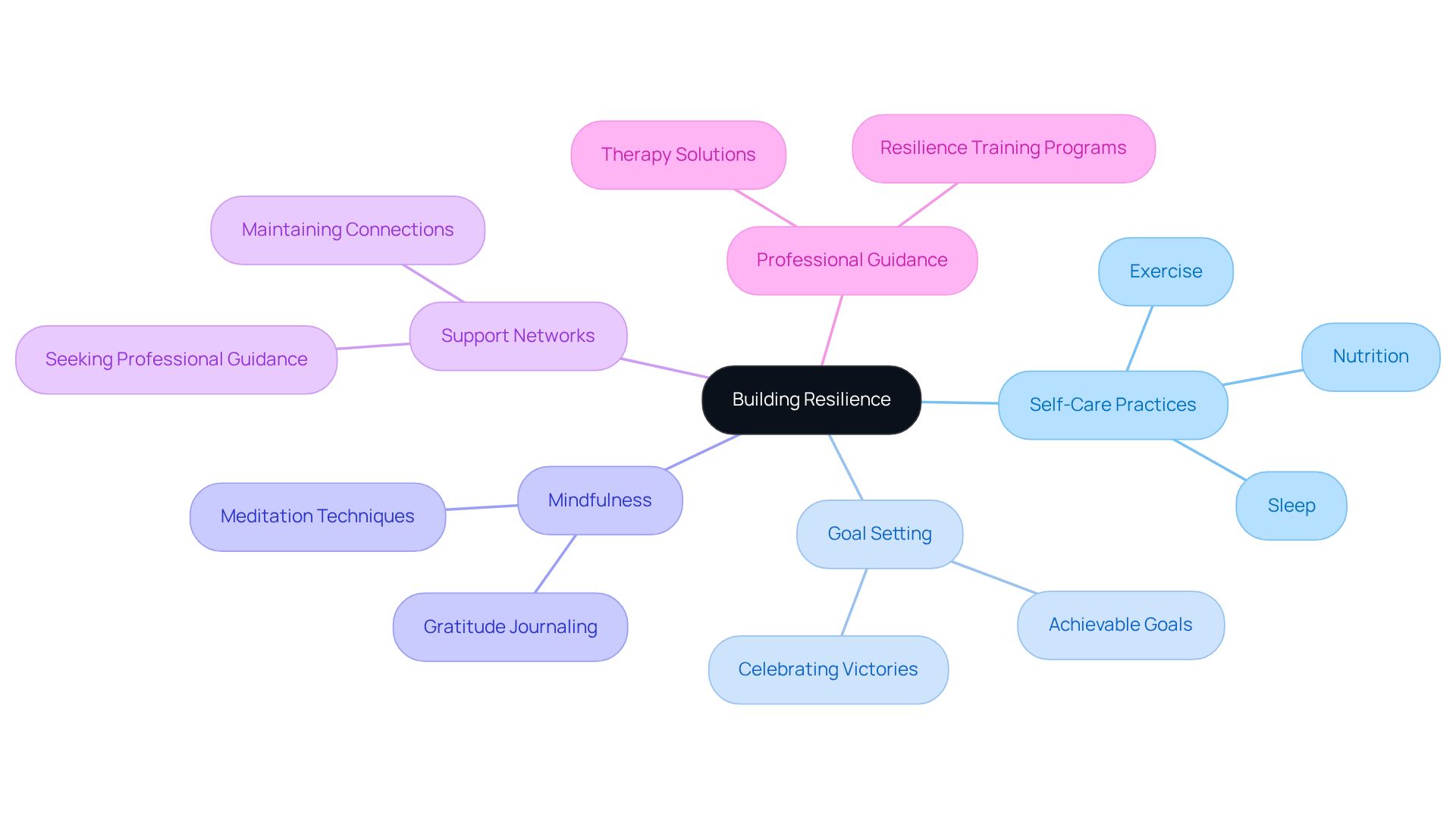 The central node represents the main theme of resilience, while the branches show different strategies and practices that support it. Each color-coded branch helps you quickly identify key areas of focus.
