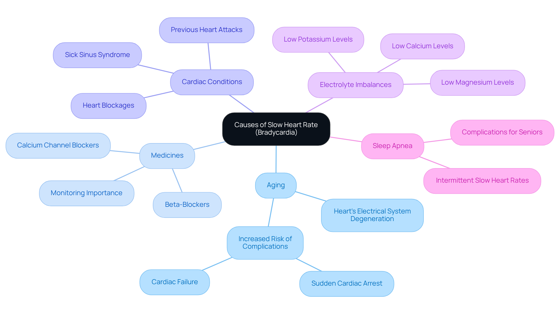 The central node represents bradycardia, and each branch shows a different cause. Follow the branches to see how each factor contributes to slow heart rates, with additional details provided in the sub-branches.