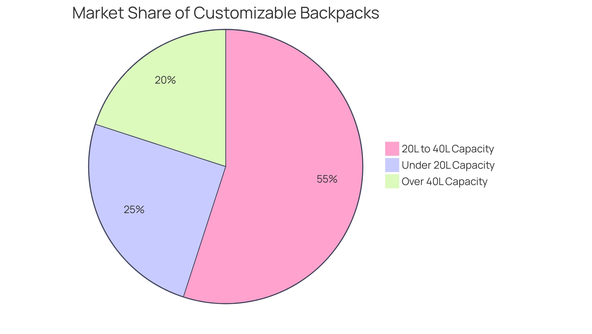 Each segment represents a capacity range of backpacks, with sizes proportional to their market share in the customizable backpack sector.