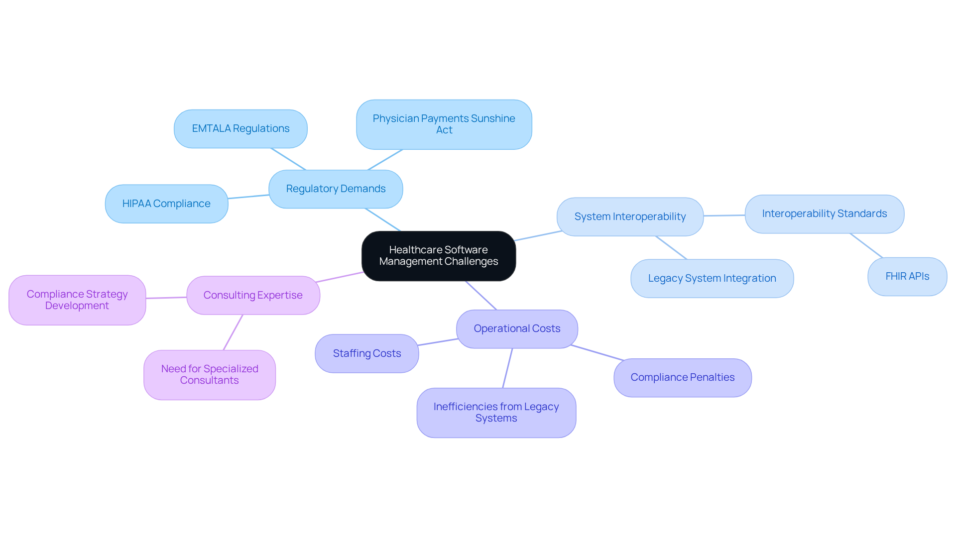 The central node represents the main topic, while the branches show different challenges and considerations in healthcare software management. Each color-coded branch helps you quickly identify related issues and solutions.