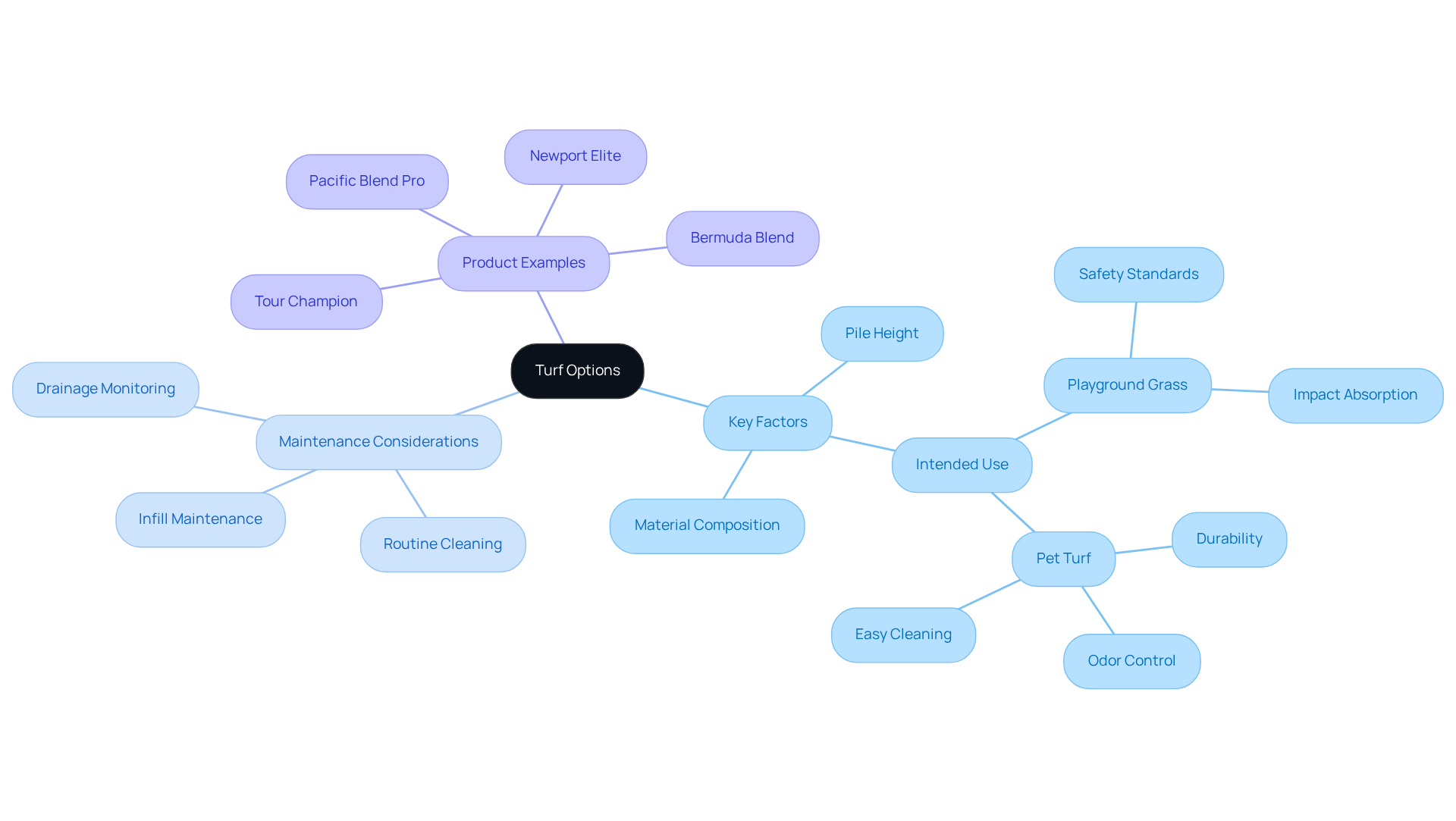 Start at the center with the main topic of turf options, then explore the branches to see important factors and specific needs for playground and pet turf.