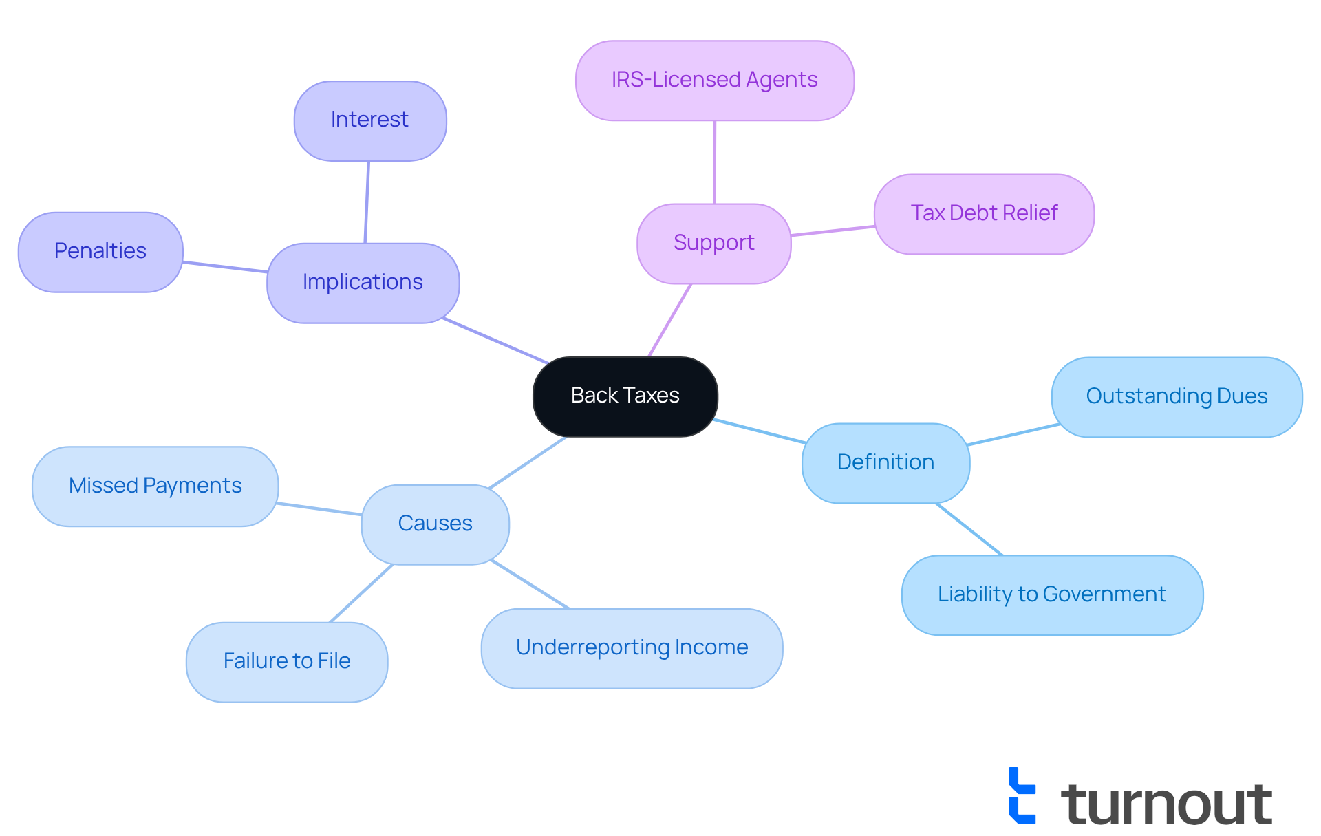 The center shows the main topic of back taxes, and each branch explains different aspects, from what causes them to how individuals can find support managing them. The center shows the main topic of back taxes, and each branch explains different aspects, from what causes them to how individuals can find support managing them.