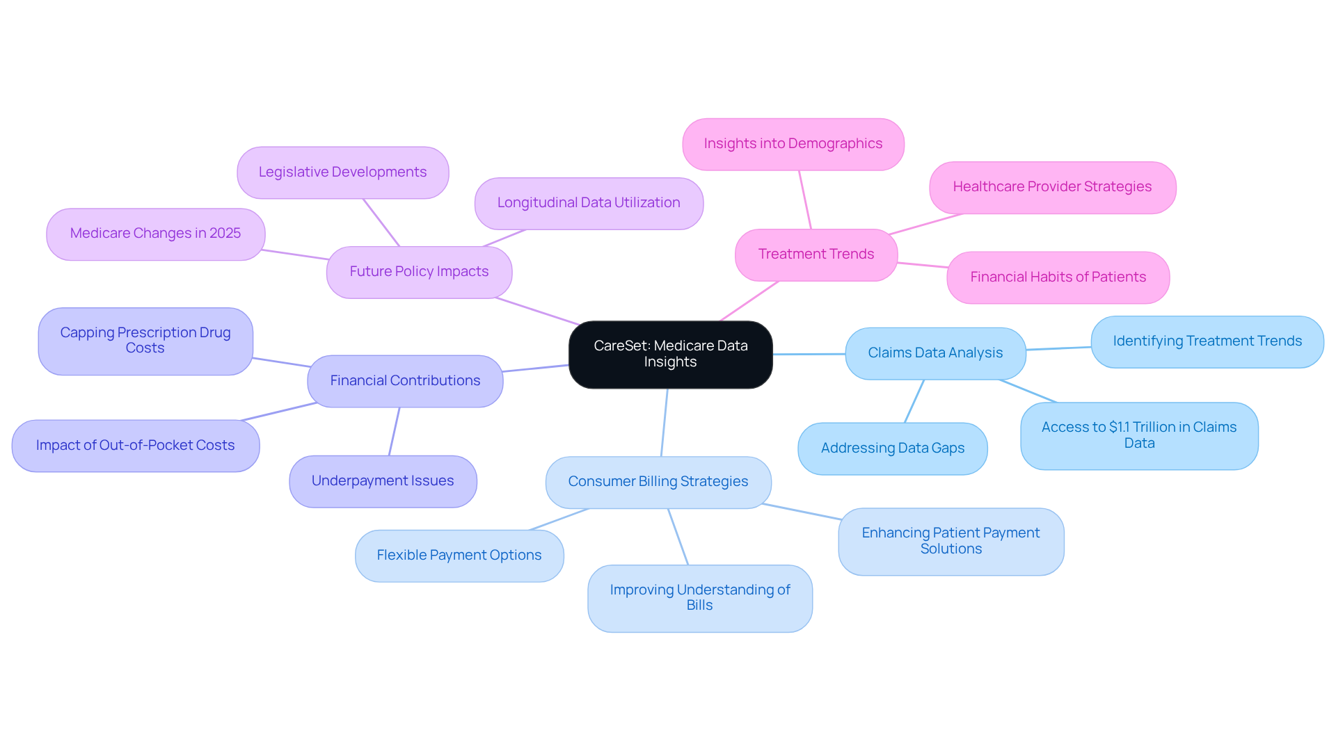 The center shows CareSet's role in Medicare insights, with branches illustrating how this data informs billing strategies, treatment insights, and future healthcare policies.