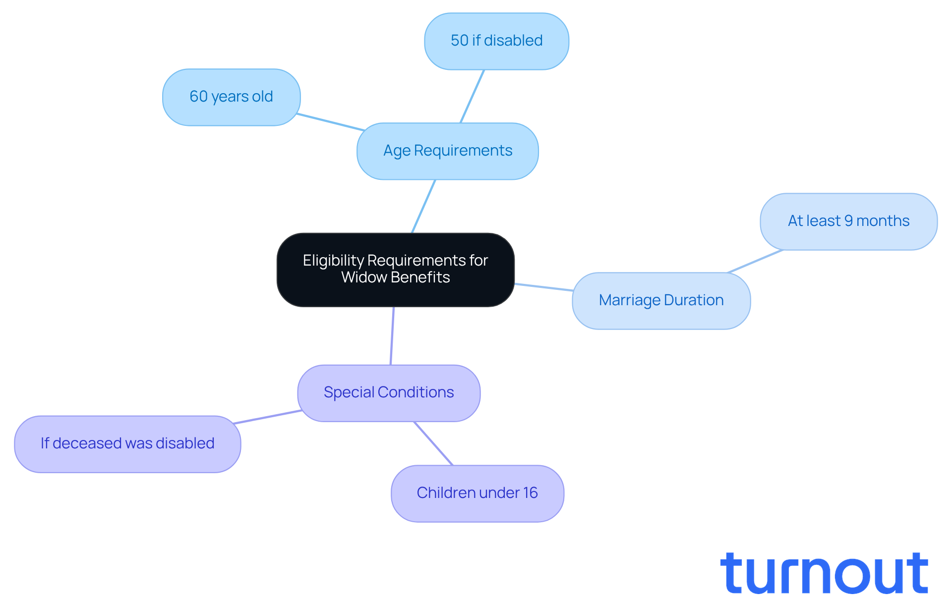 The central node represents the main topic, while the branches show the different criteria you need to meet. Each branch breaks down the requirements, making it easier to see what applies to your situation.