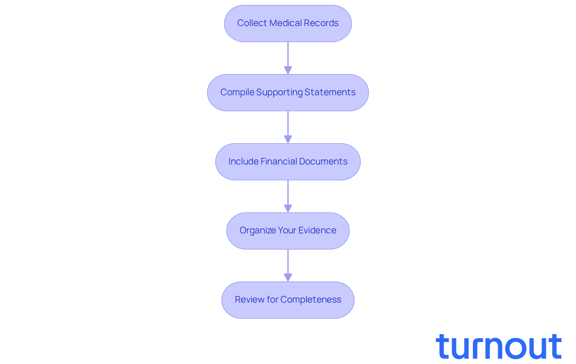 Each box represents a step you need to take to gather the necessary documentation for your appeal. Follow the arrows to see the order in which you should complete these tasks.
