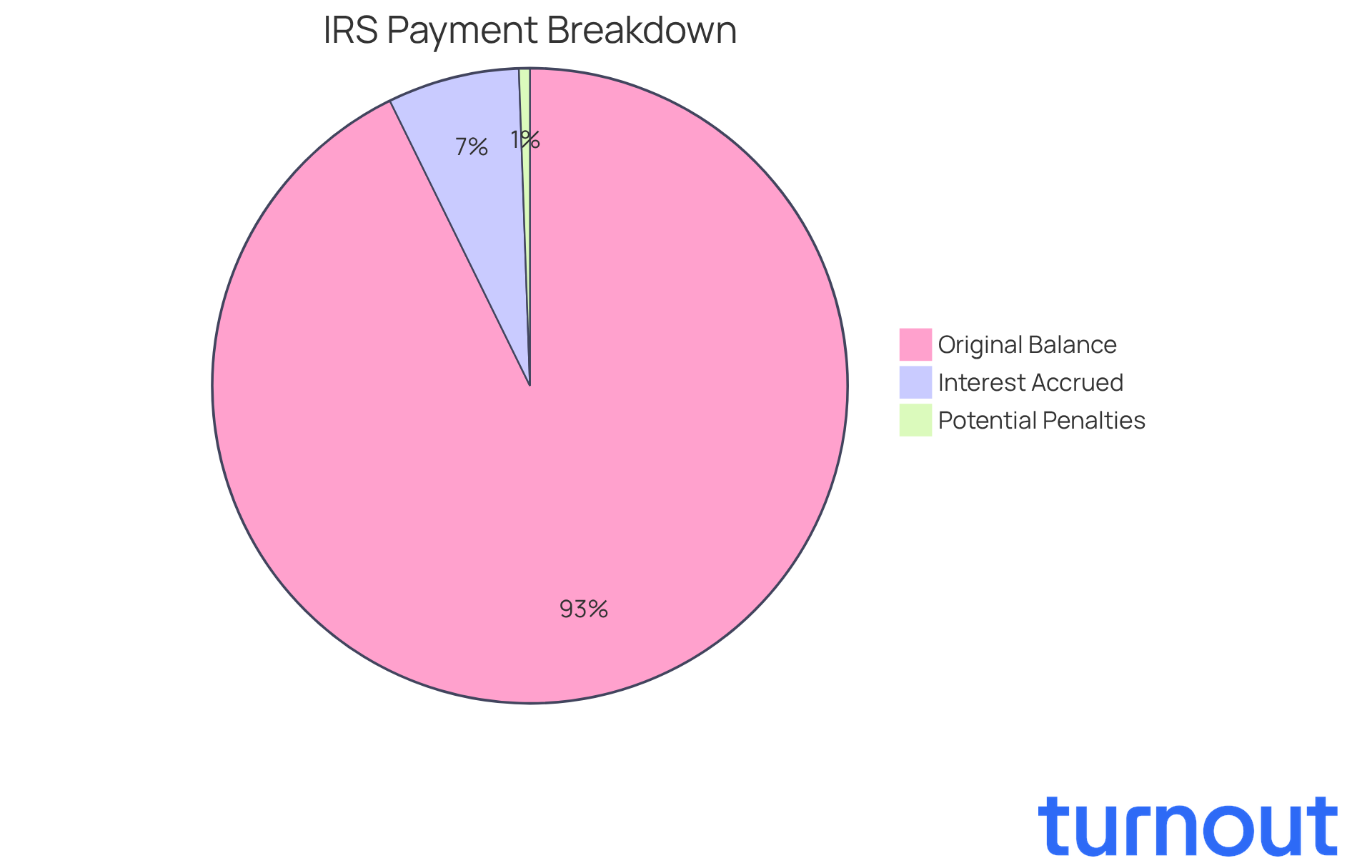 This chart shows how your total debt is made up: the blue slice is your original balance, the green slice represents the interest added over a year, and the red slice indicates potential penalties. Understanding these parts can help you manage your payments better.