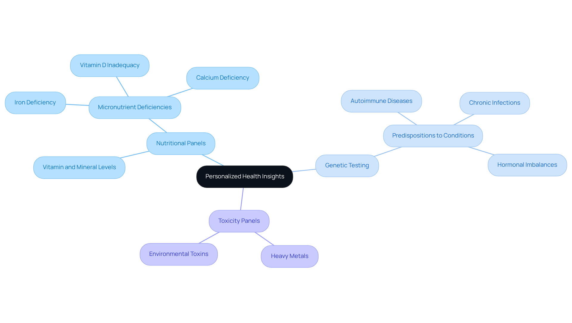 The central node represents the overall theme of personalized health insights. Each branch shows a different type of health assessment, and the sub-branches explain what each assessment evaluates. This structure helps you see how these tests work together to inform your health journey. The central node represents the overall theme of personalized health insights. Each branch shows a different type of health assessment, and the sub-branches explain what each assessment evaluates. This structure helps you see how these tests work together to inform your health journey.