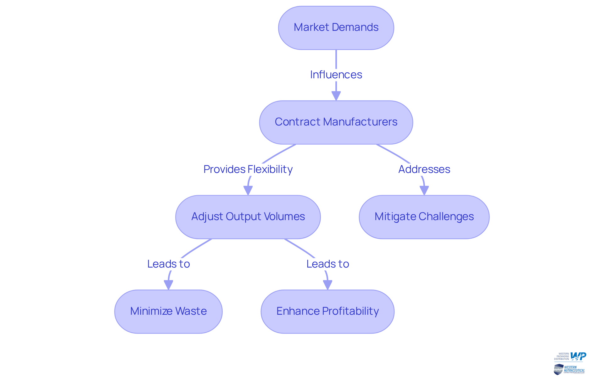 Follow the arrows to see how market demands influence contract manufacturers' actions, leading to better adaptability in production. Each step shows the process of responding to consumer needs and the resulting benefits.
