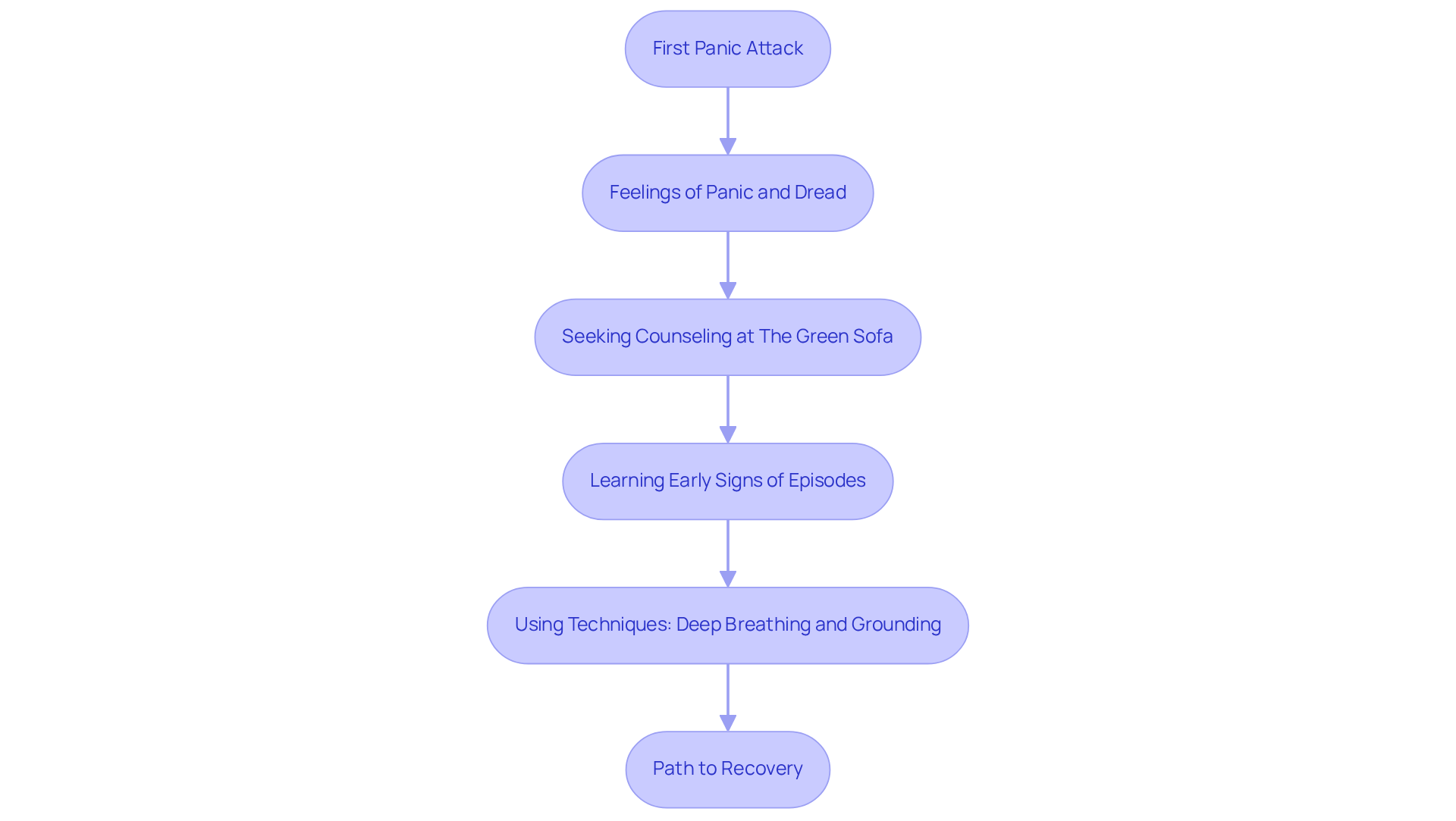 This flowchart illustrates the steps taken from the initial panic attack through to recovery. Each box represents a significant moment in the journey, showing how one can move from fear to understanding and healing with the right support.