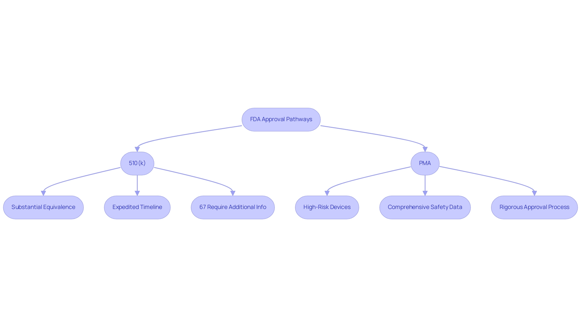 Blue boxes represent the 510(k) pathway, while green boxes represent the PMA pathway. Each box contains key points regarding the approval process.