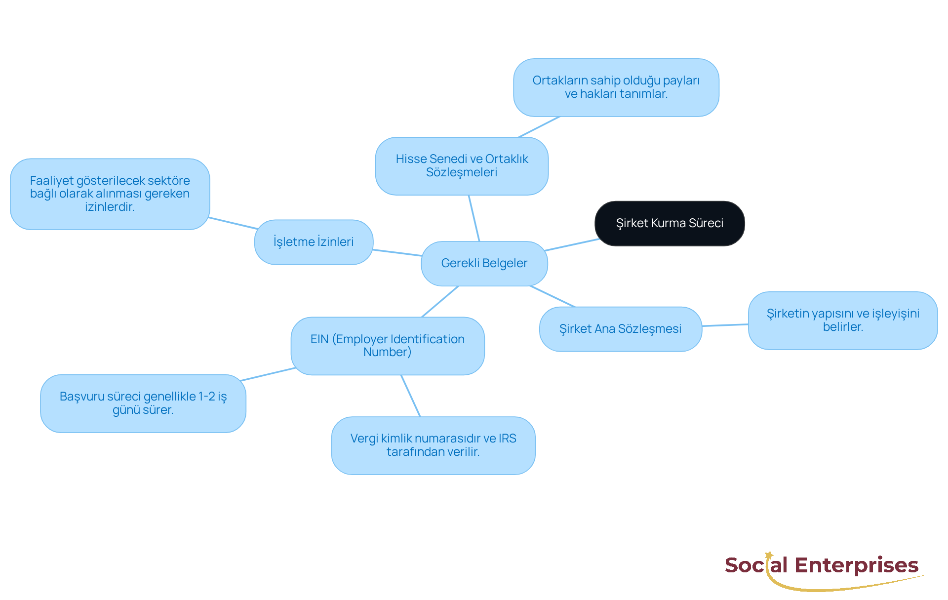 Merkezdeki konu, şirket kurma sürecidir. Dallar, gerekli belgeleri temsil eder ve her bir dalın altında belgenin ne işe yaradığını gösteren açıklamalar yer alır. Renkli dallar, farklı belgeleri kolayca ayırt etmenizi sağlar.