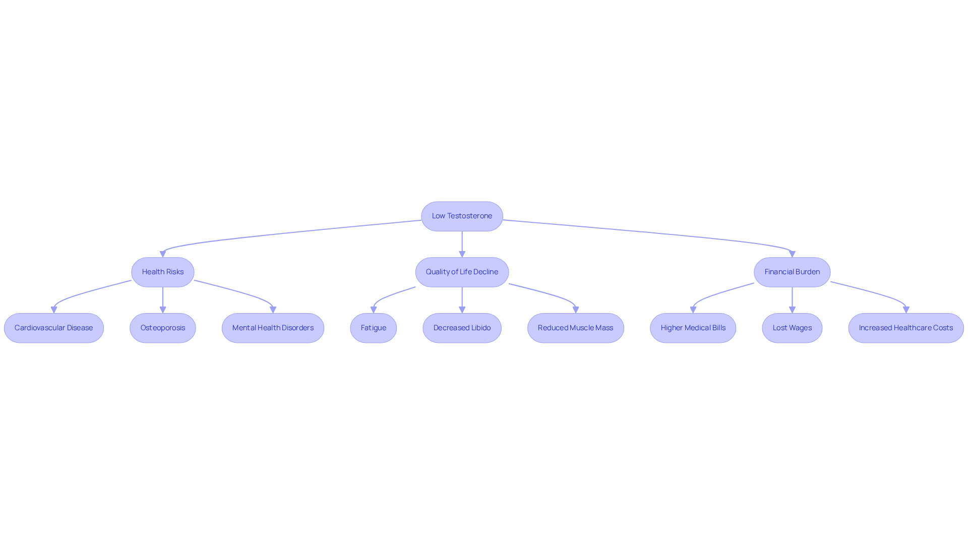 This flowchart shows how low testosterone can lead to serious health risks, which in turn affect your quality of life and create financial burdens. Each arrow indicates a progression from one issue to the next, helping you visualize the importance of addressing low testosterone.