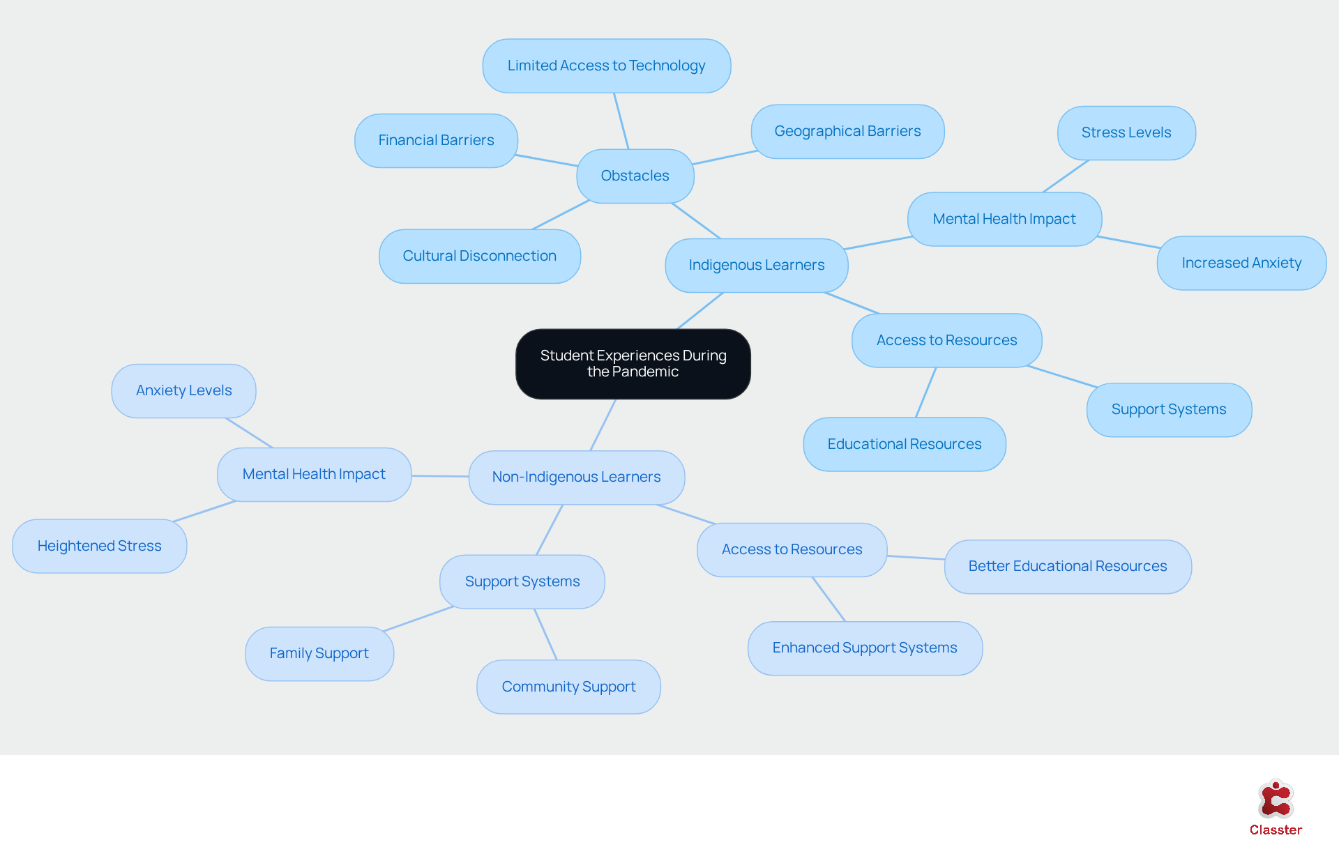 The central node represents the overall theme, while the branches show the different experiences of Indigenous and non-Indigenous students. Each sub-branch highlights specific challenges and outcomes, helping to visualize the disparities and commonalities.