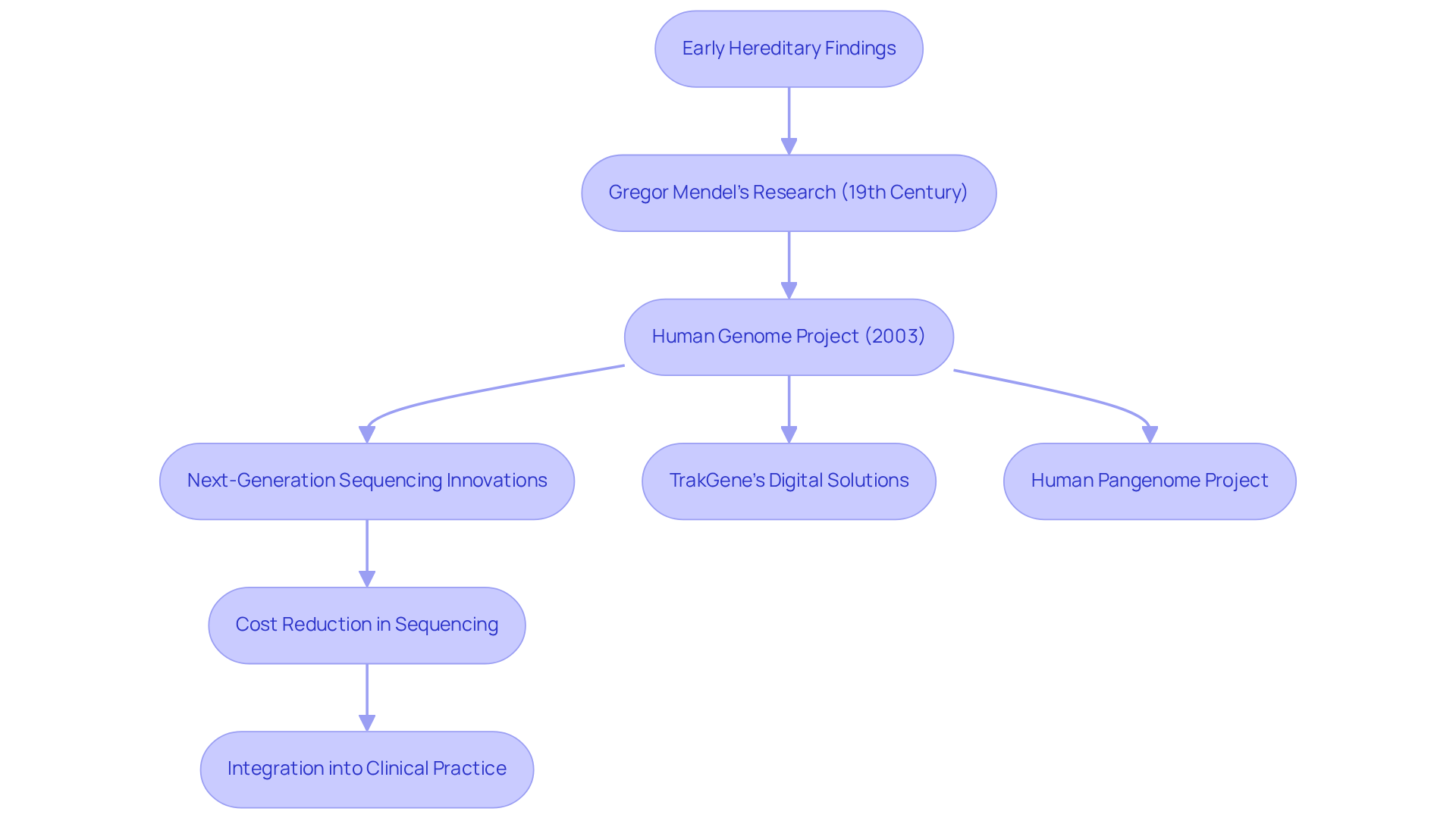 Follow the arrows to see how genomic testing has evolved over time, from early research to modern innovations. Each step represents a significant milestone in the journey of understanding genetics.
