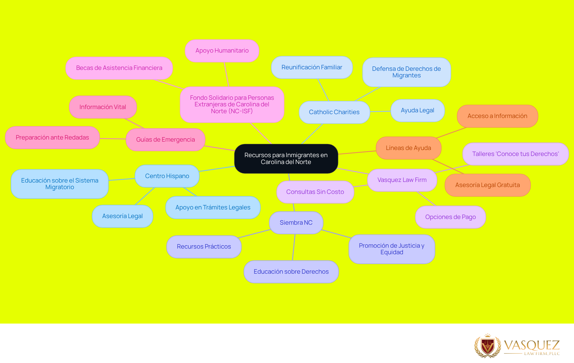 El nodo central representa el tema general, mientras que las ramas muestran las organizaciones y sus servicios. Cada color representa una organización diferente, facilitando la identificación de los recursos disponibles.