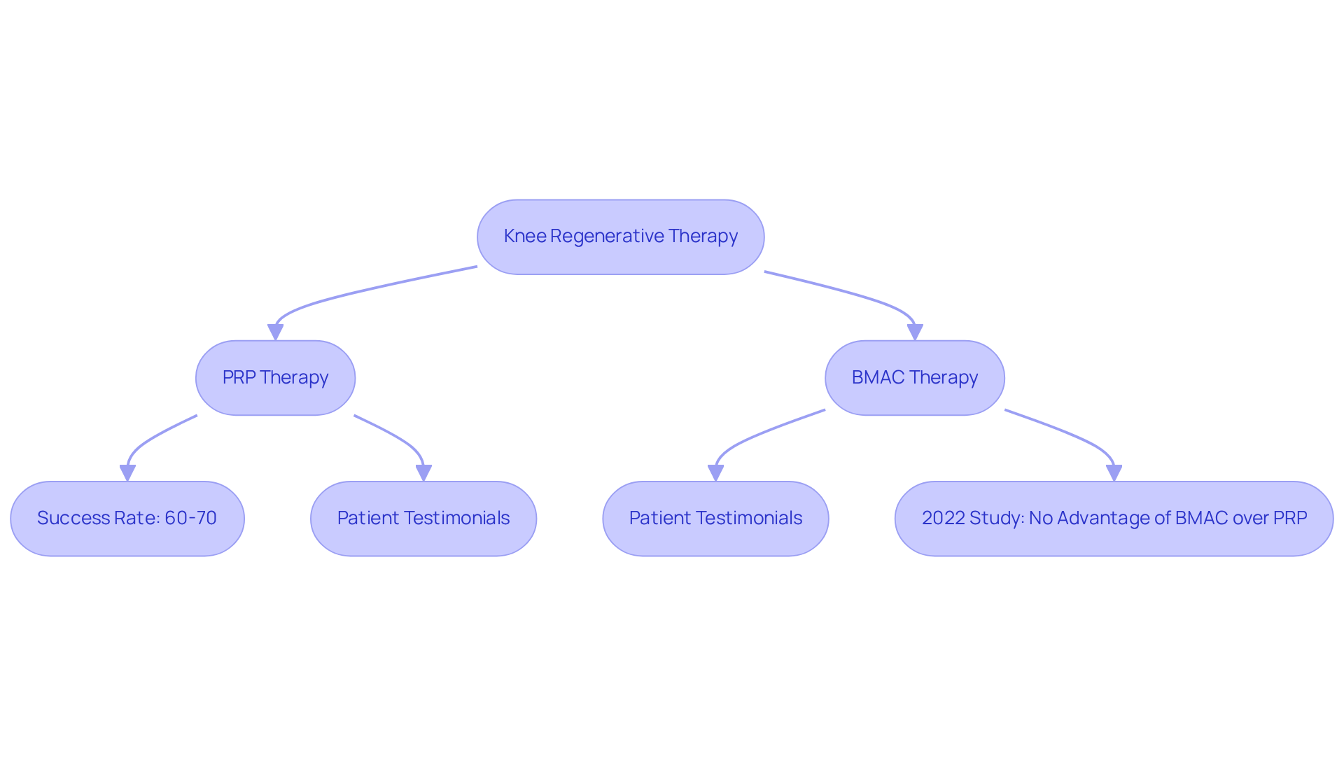 This flowchart shows the journey of knee regenerative therapy. Start with the main therapy options, then follow the arrows to see their success rates and what patients have experienced after treatment.