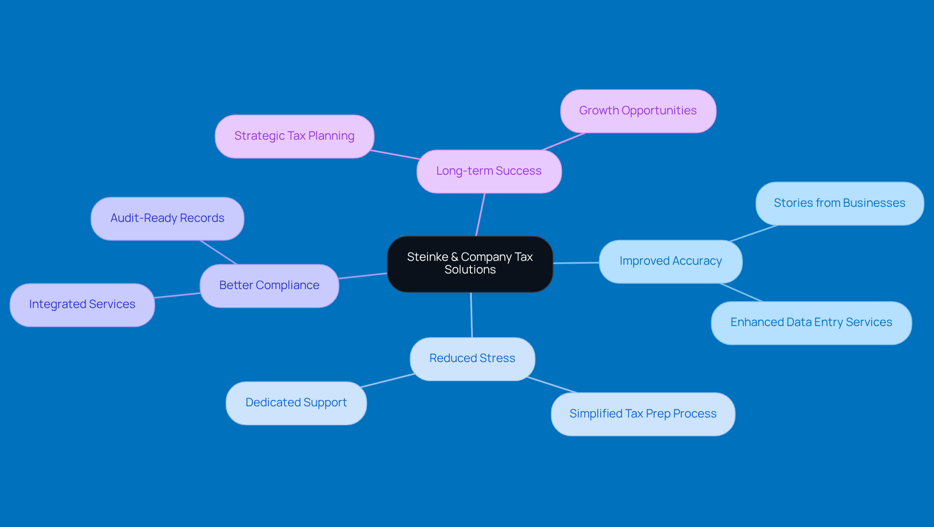 The center represents the main idea of leveraging Steinke & Company for tax solutions. Each branch shows a key benefit, and the sub-branches provide more details or examples. This layout helps you see how each benefit connects back to the central theme.