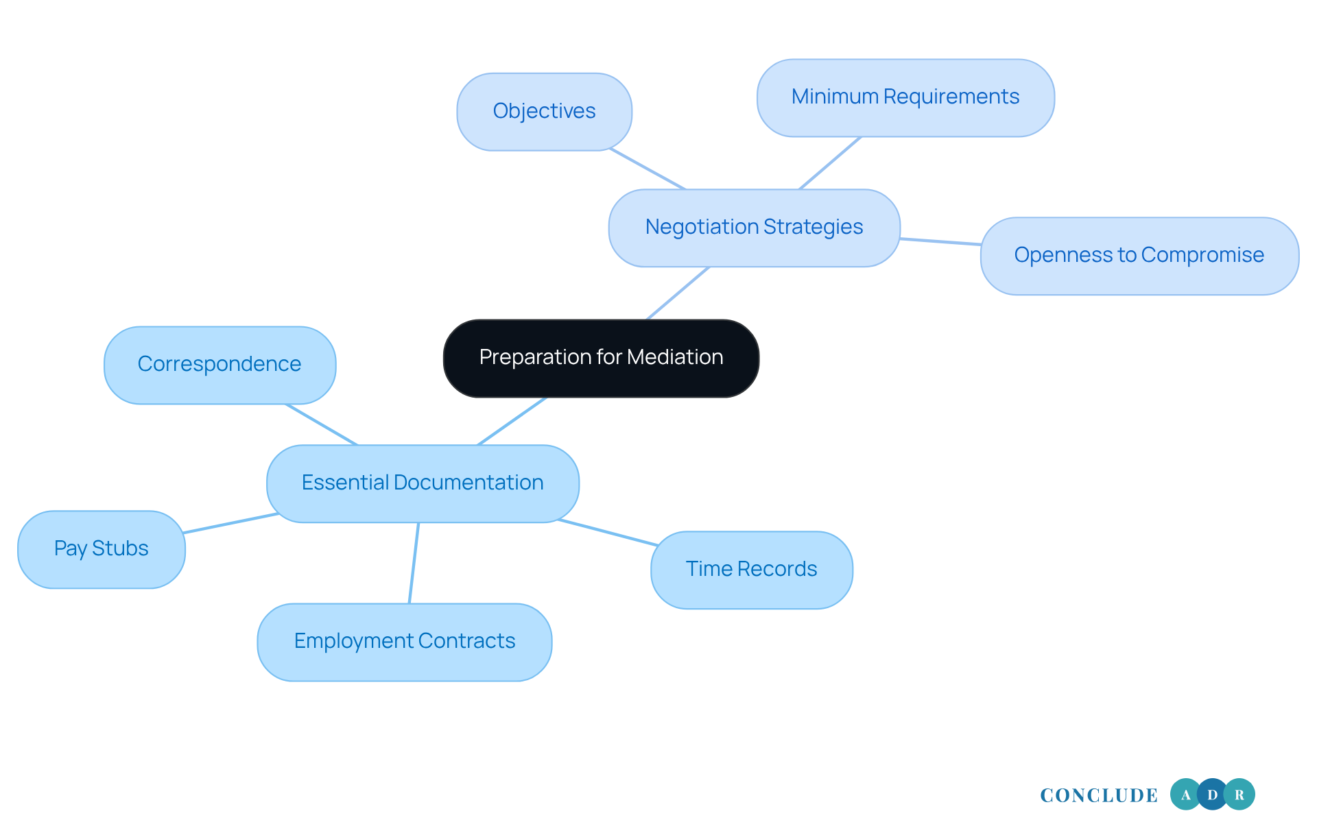 The center represents the overall preparation for mediation. The branches show the key documentation needed and the strategies to consider, helping you visualize what to focus on.