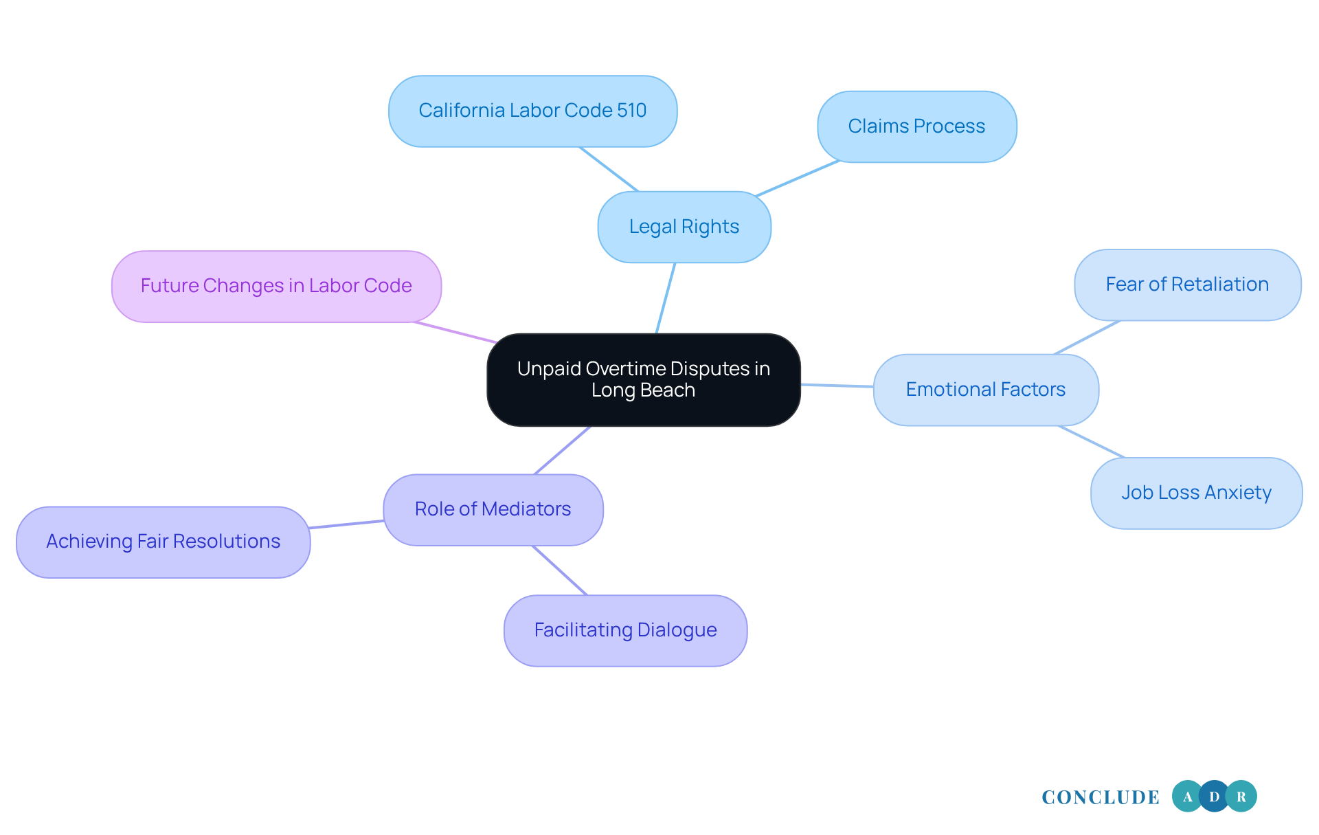 The center represents the main topic of unpaid overtime disputes. Each branch shows a different aspect of the issue, with sub-branches providing more detail. This layout helps you see how everything connects.