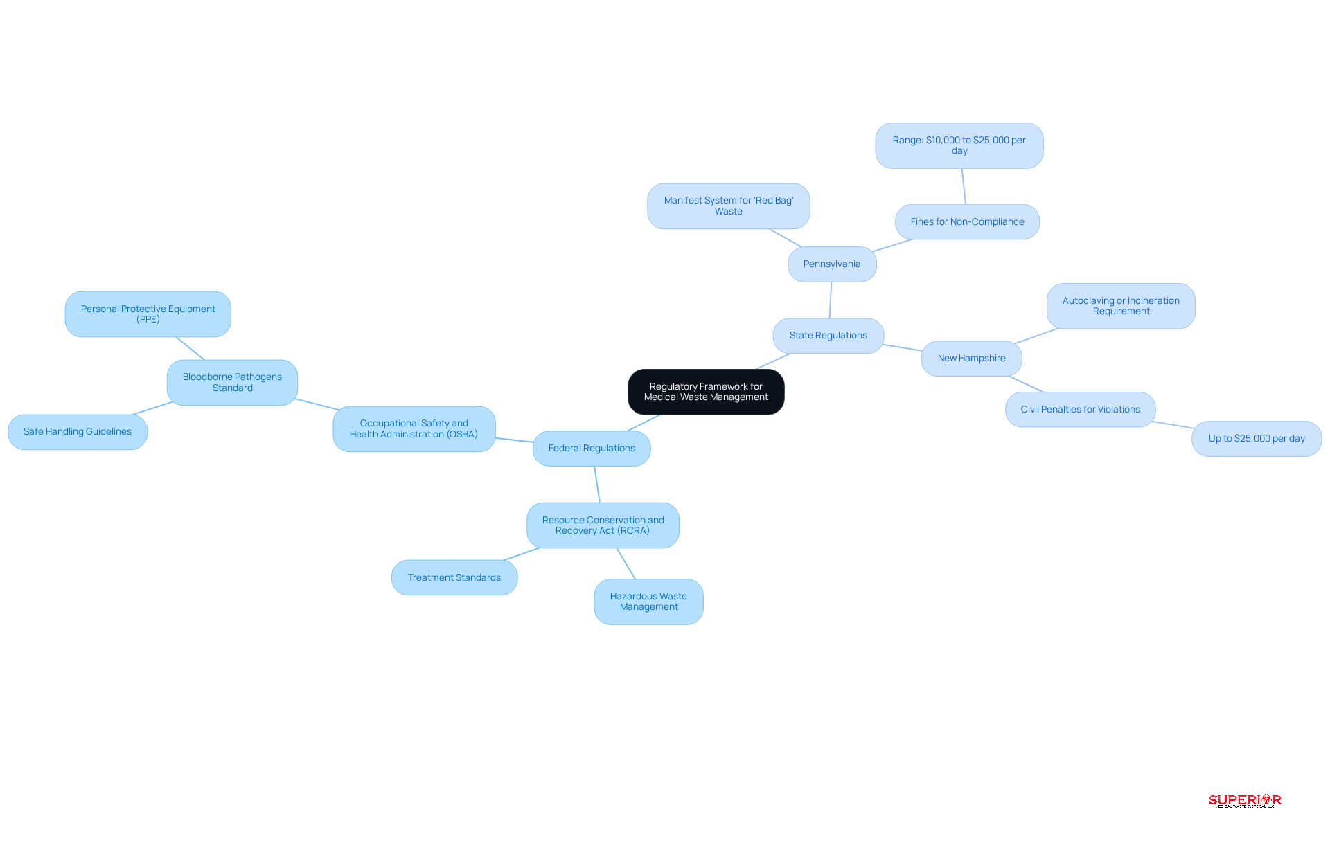 The central node represents the overall regulatory framework, while branches show federal and state regulations. Each state branch details specific requirements and penalties, helping you understand the complexities of compliance.