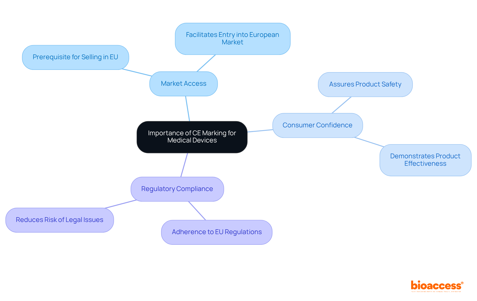 The center represents the main idea, while the branches show key areas where CE marking plays a crucial role. Follow the branches to learn about each aspect and its significance in the medical device market.