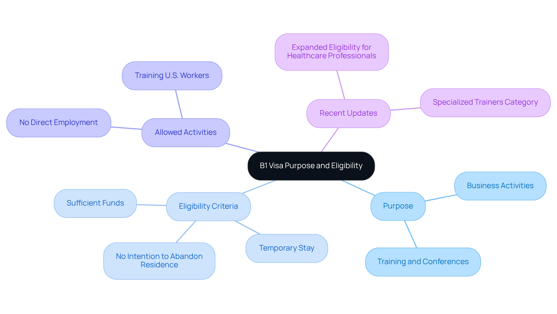 The center shows the main topic of B1 visas. Follow the branches to explore the purpose, eligibility criteria, and recent updates that affect healthcare professionals. Each branch provides specific details to help you understand the requirements and opportunities.
