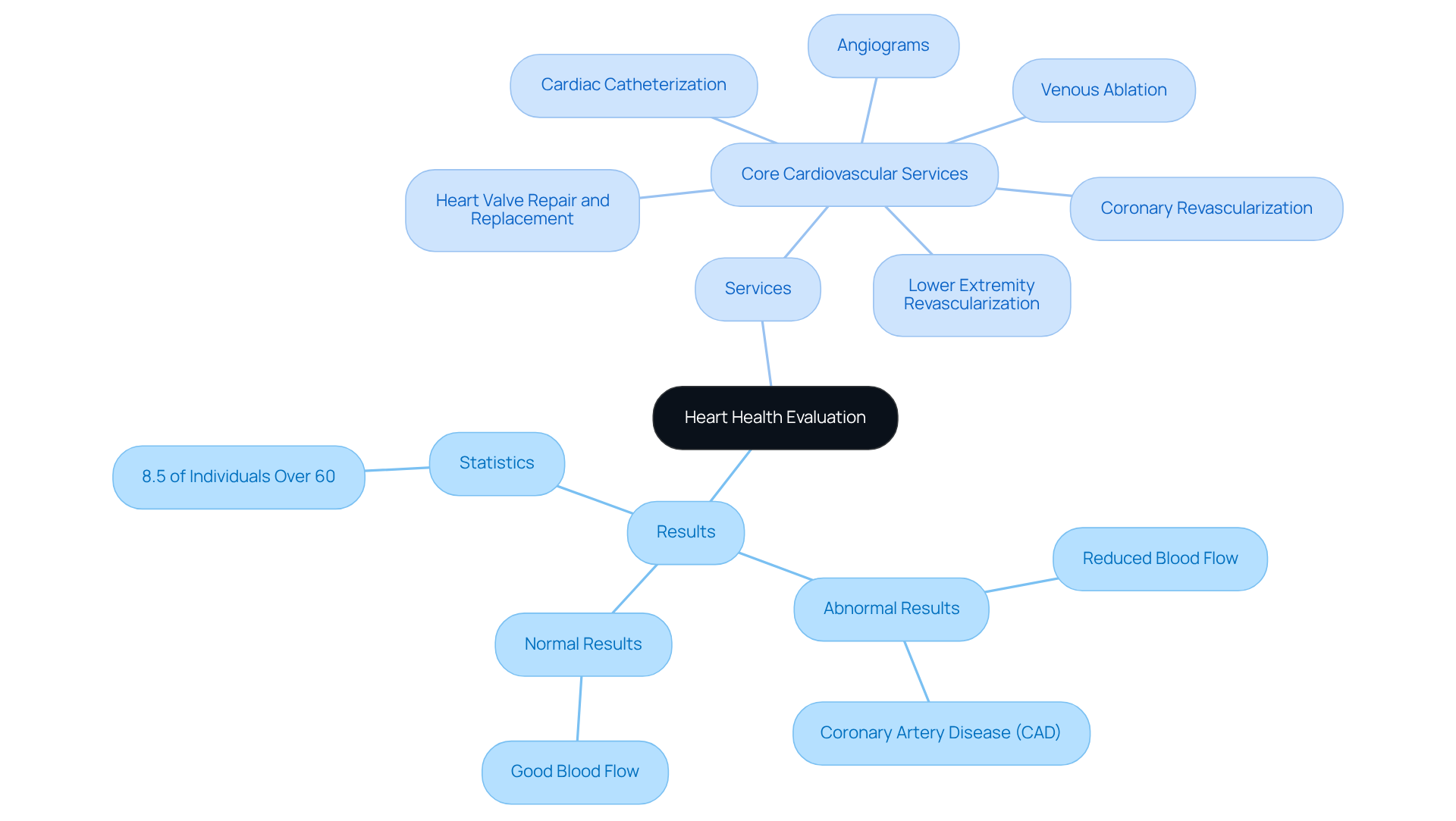 This mindmap starts with the central idea of heart health evaluation. From there, you can explore the different outcomes of your evaluation, what they mean, and the services available to support your heart health. Each branch represents a key area of focus, helping you see how everything connects.