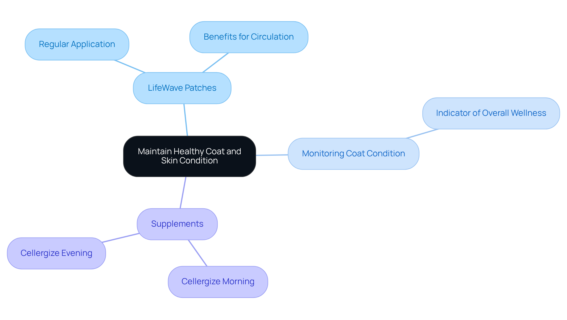 This mindmap shows how to keep your horse's coat and skin healthy. Start at the center with the main topic, then follow the branches to see tips on using LifeWave patches, monitoring your horse's coat, and the supplements that can help. Each branch represents a different aspect of care, making it easy to understand the connections.