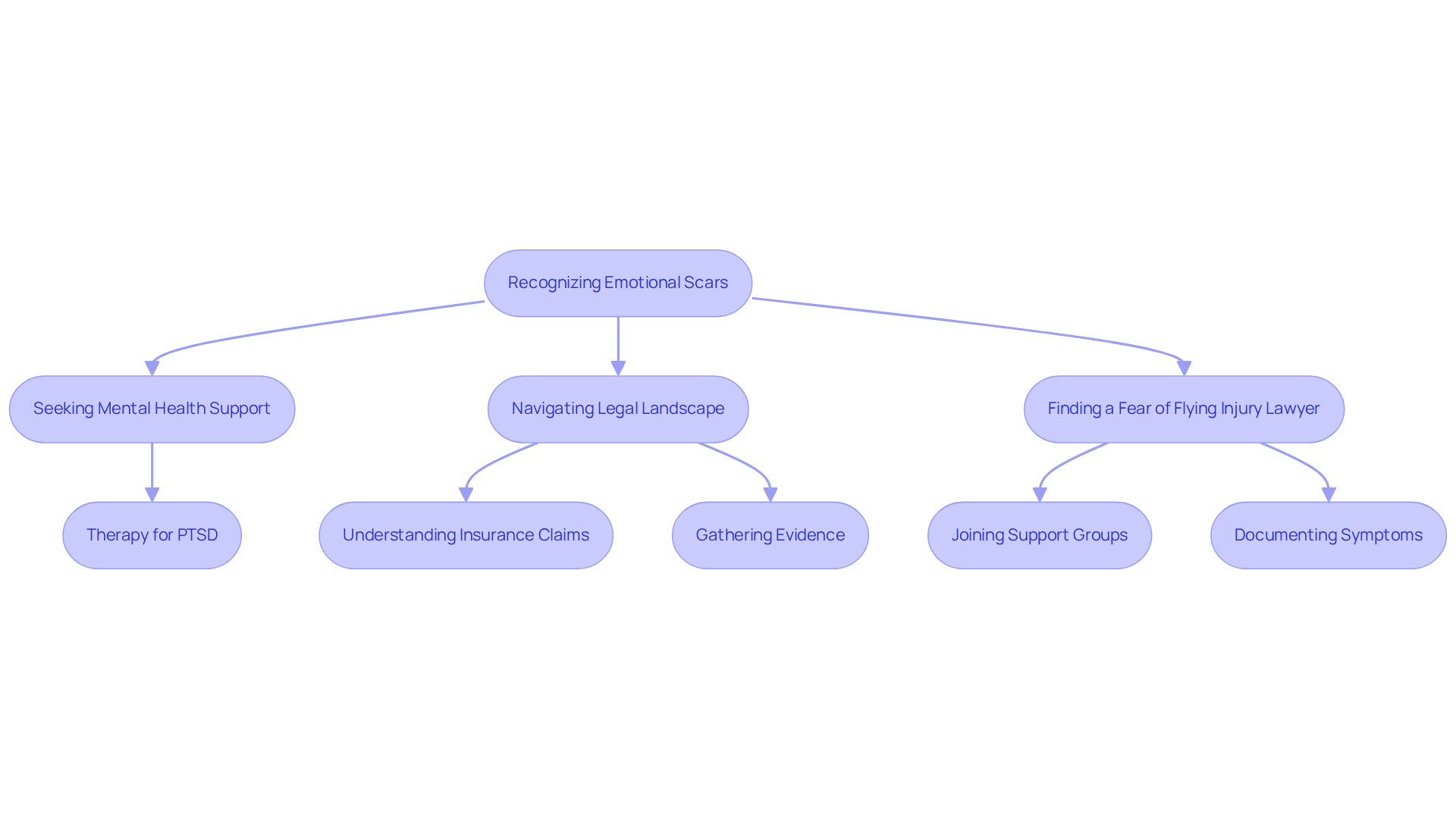 This flowchart illustrates the steps aviation accident victims can take in their recovery. Start at the top with recognizing emotional scars, then follow the arrows to see how to seek support and navigate the legal process. Each step is designed to guide you through the challenges you may face.