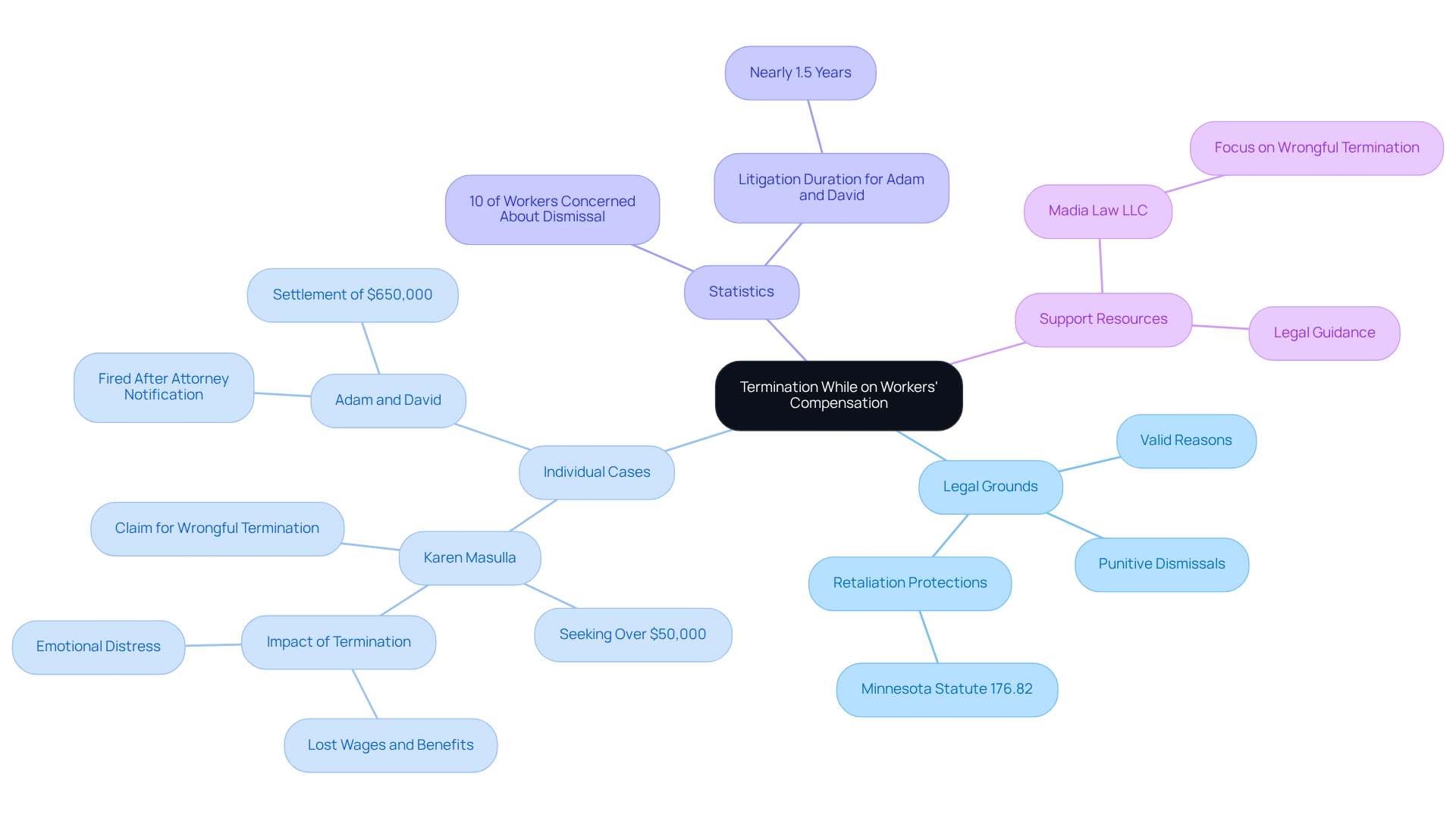 The central node represents the main topic, while branches show different aspects like legal grounds, individual stories, and statistics. Each color-coded branch helps you see how these elements relate to the overall issue.