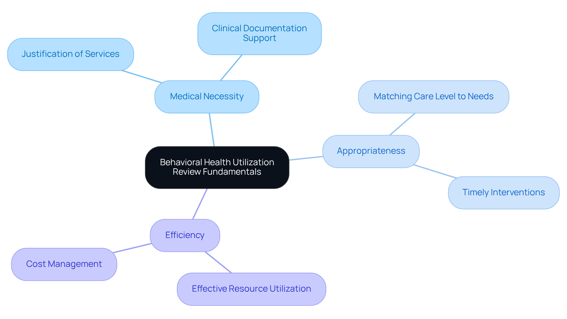 The center represents the main topic of utilization review, while the branches show the key components that are essential for understanding the process. Each branch can be explored for more details about its significance.