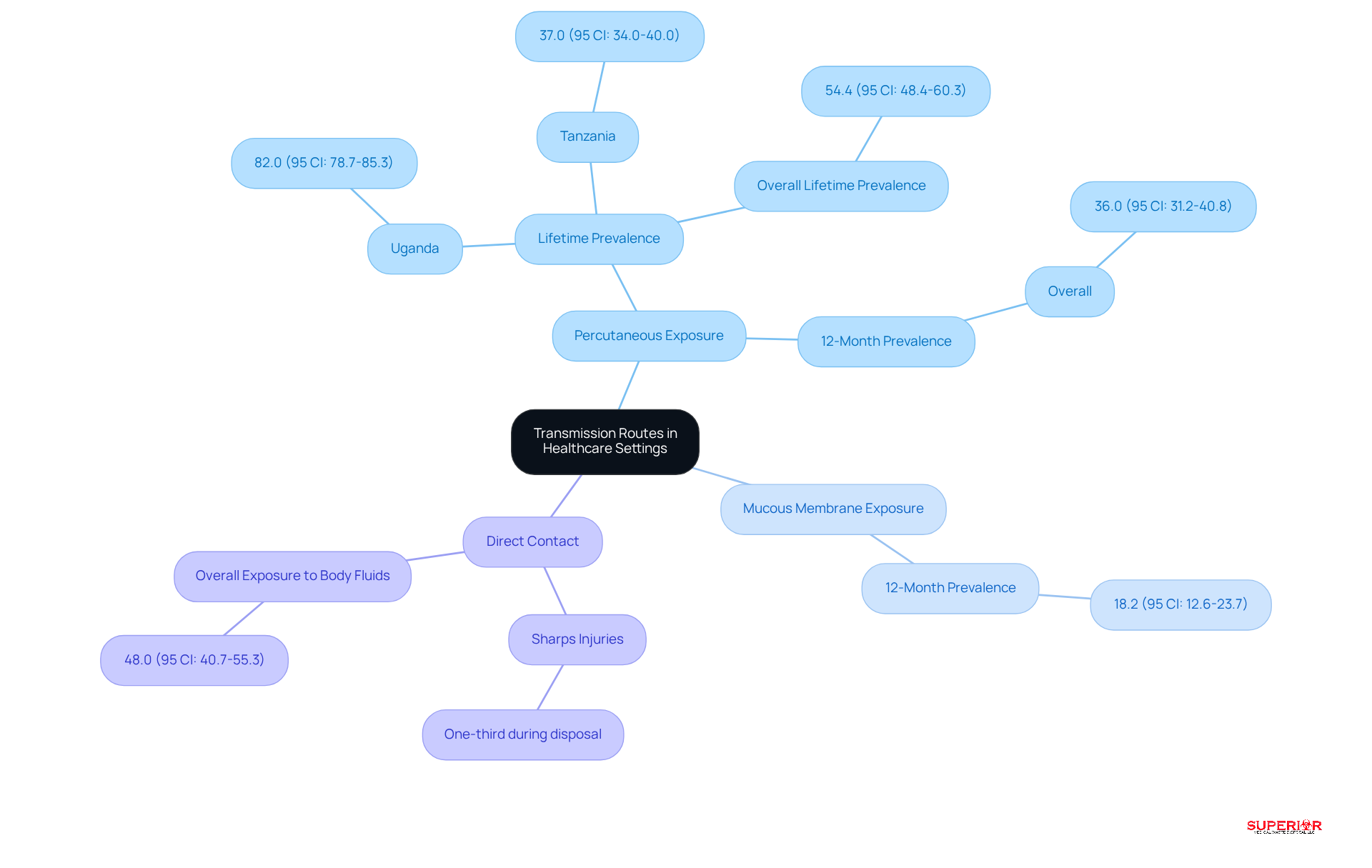 The central node represents the main topic, while the branches show different exposure routes. Each sub-branch provides important details about prevalence and risks, helping you understand how these routes contribute to the spread of pathogens.