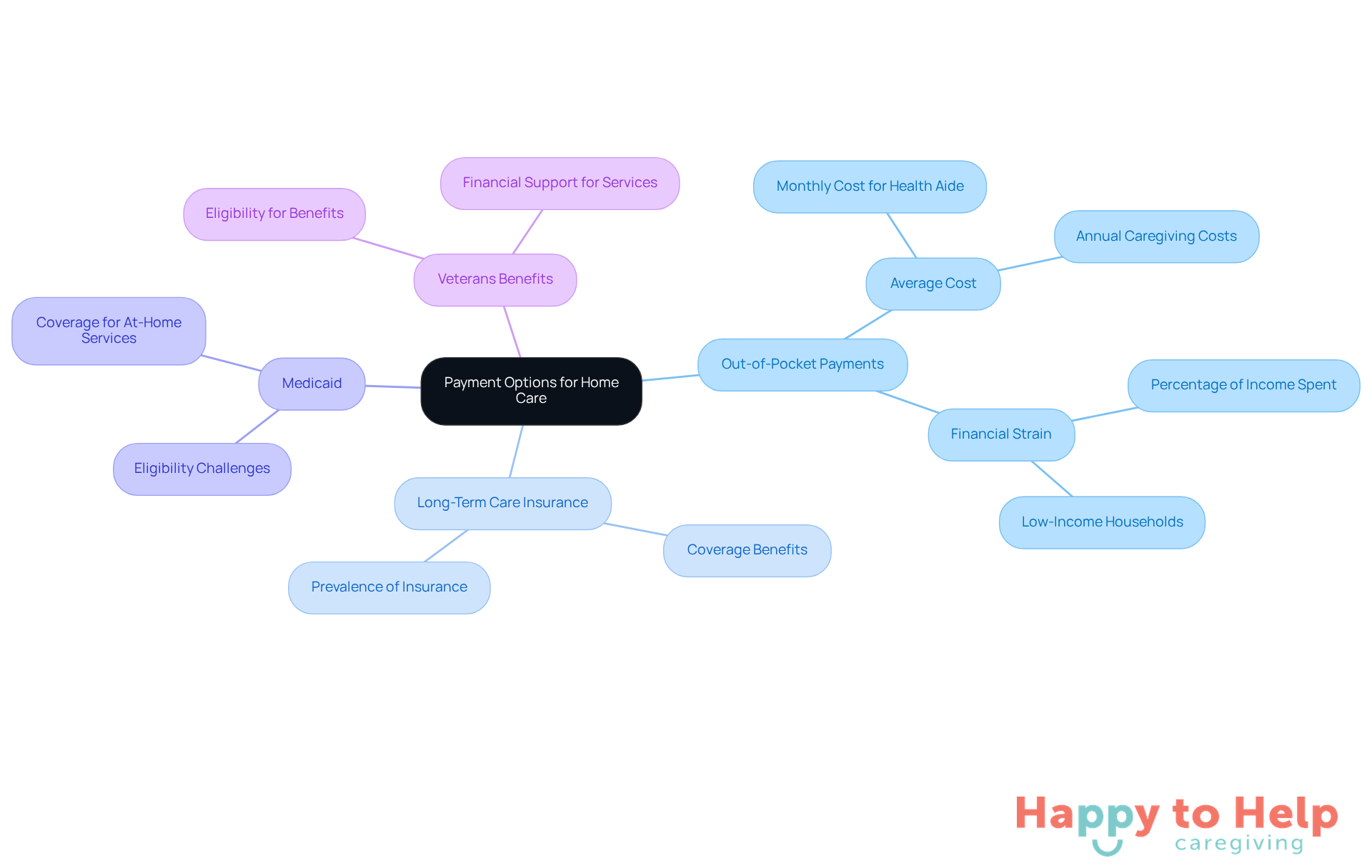 The central node represents the main topic of payment options, while each branch shows a different method families can use to finance home care. The sub-branches provide additional details and statistics related to each option.