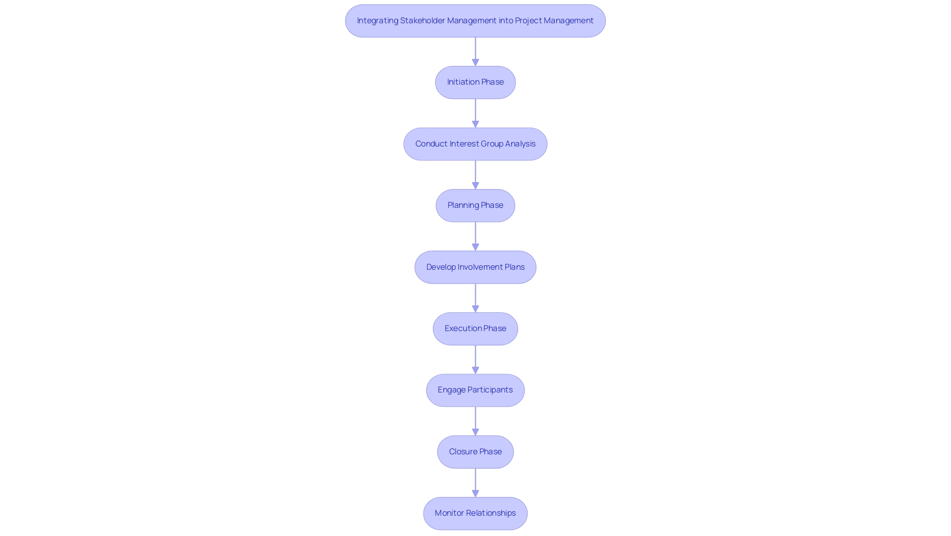 Each color-coded box represents a phase of the project management lifecycle, with arrows indicating the flow of actions and the integration of stakeholder management.