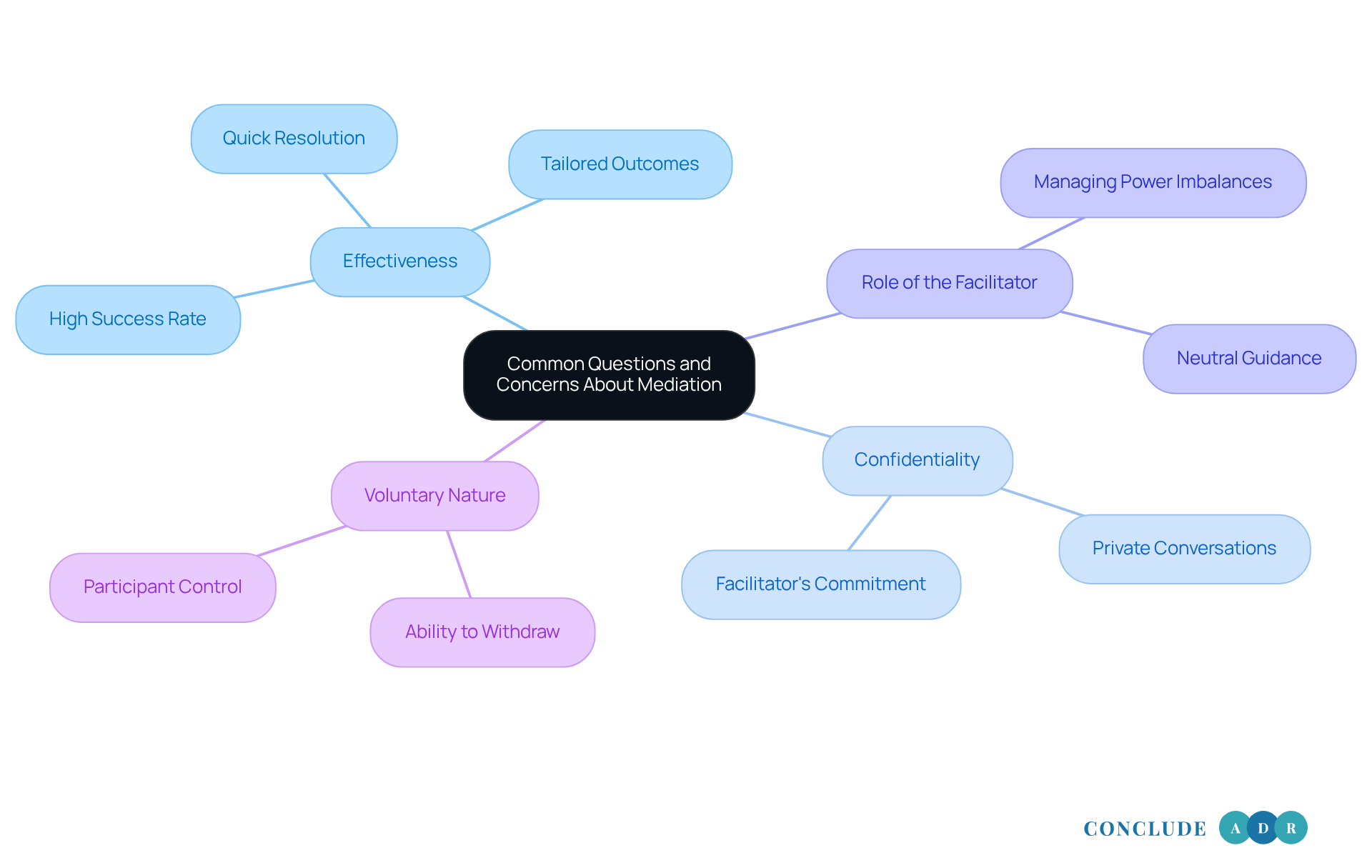 The central node represents the main topic of mediation, while the branches show different areas of concern. Each sub-branch provides specific details that help clarify what to expect during mediation.
