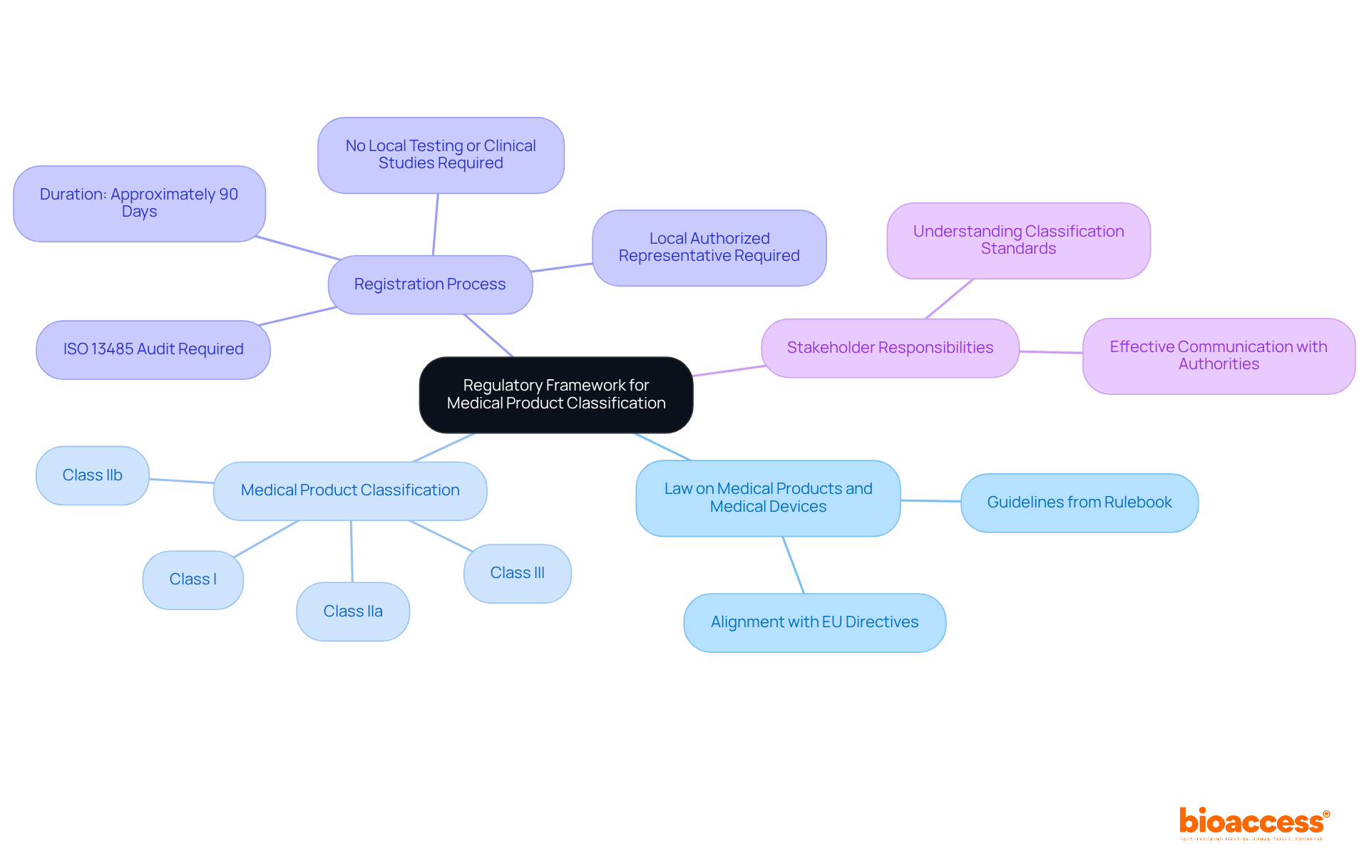 The central node represents the overall regulatory framework. The branches show the key components, including the law and the classification system. Each class represents a different category of medical products, helping stakeholders understand their roles and responsibilities.