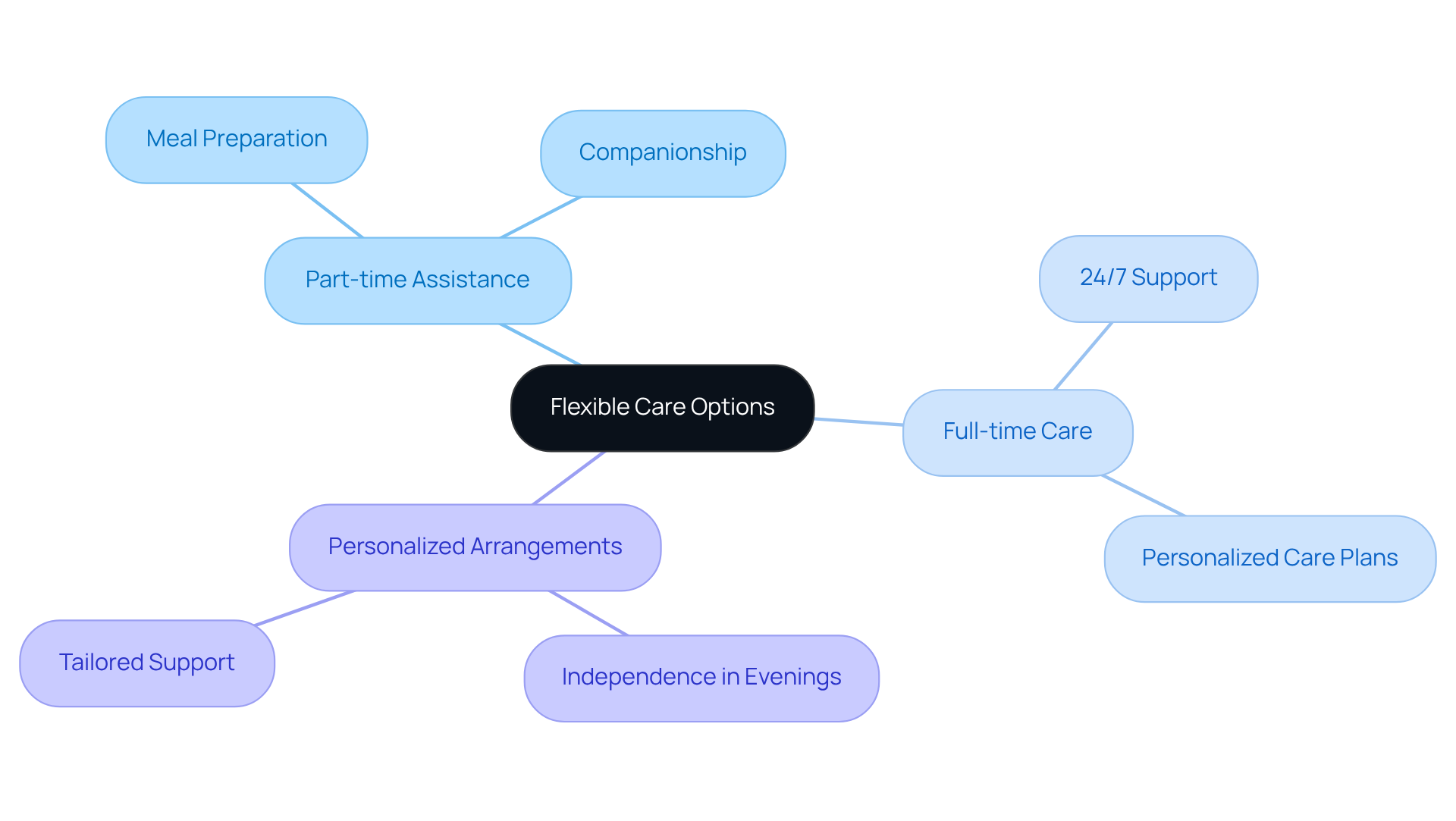 At the center is the main idea of flexible care. Each branch shows different service levels and specific examples related to family needs. The more branches you see, the more options are available to tailor care to individual situations.