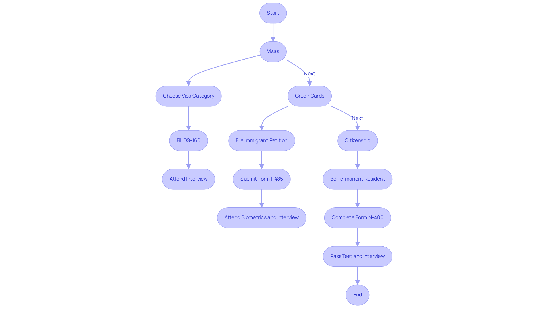 This flowchart guides you through the essential steps for obtaining a visa, green card, or citizenship. Follow the arrows to see what you need to do at each stage of the immigration process.