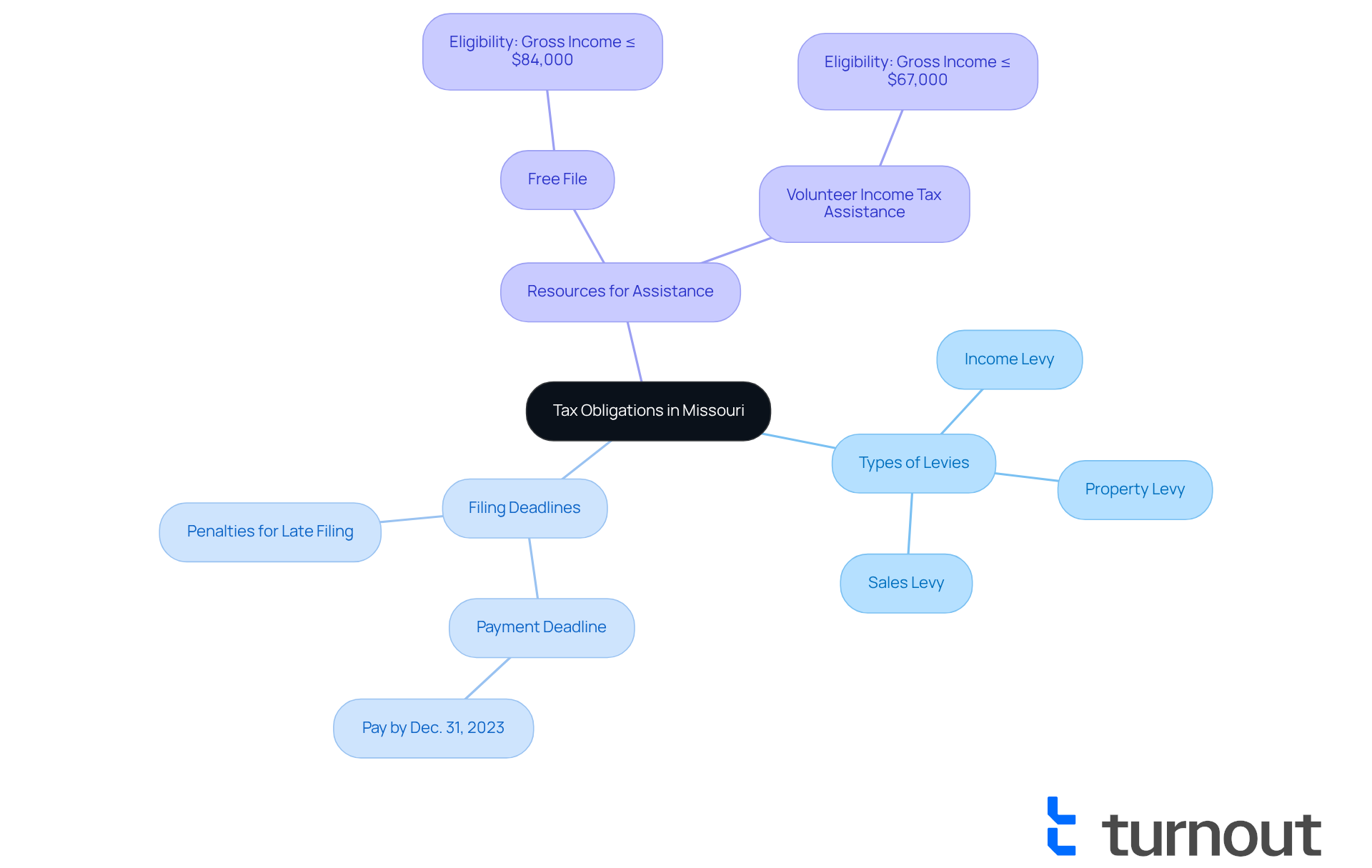 The center represents your overall tax obligations, while the branches show different aspects like types of taxes, important deadlines, and where to get help. Each color-coded area helps you easily identify and understand the various components. The center represents your overall tax obligations, while the branches show different aspects like types of taxes, important deadlines, and where to get help. Each color-coded area helps you easily identify and understand the various components.