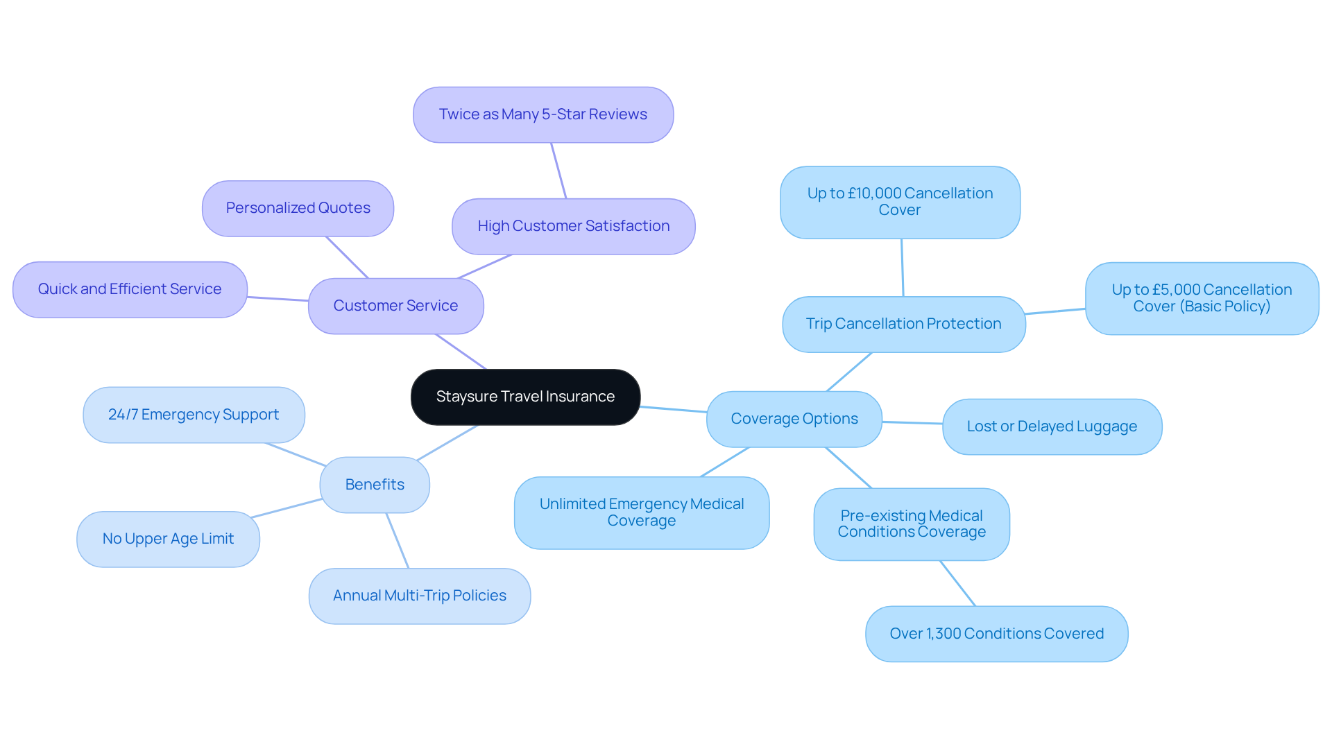 The central node represents the insurance provider, with branches showing major features and benefits. Each color-coded area helps you quickly identify important aspects of the insurance offerings.