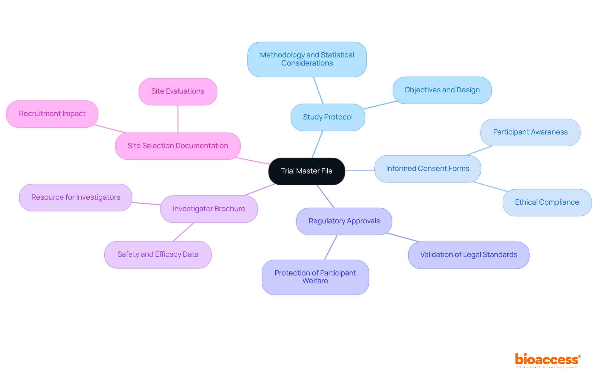 The center shows the Trial Master File, and each branch represents an essential document. The descriptions next to each branch explain why these documents are important for clinical trials.