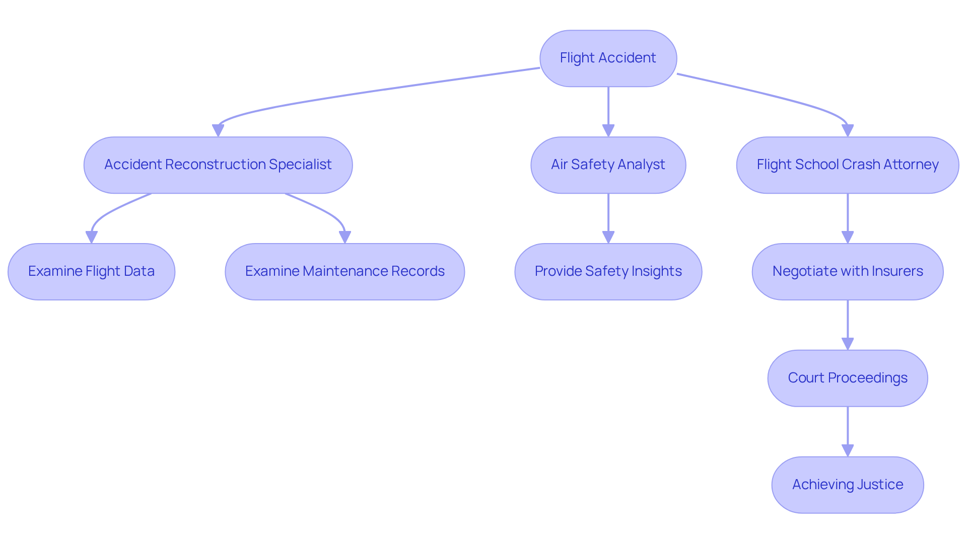 This flowchart illustrates how various aviation experts work together after a flight accident. Each box represents a key player in the process, and the arrows show how they interact to build a strong case for victims. Follow the flow to see how their combined efforts lead to justice.