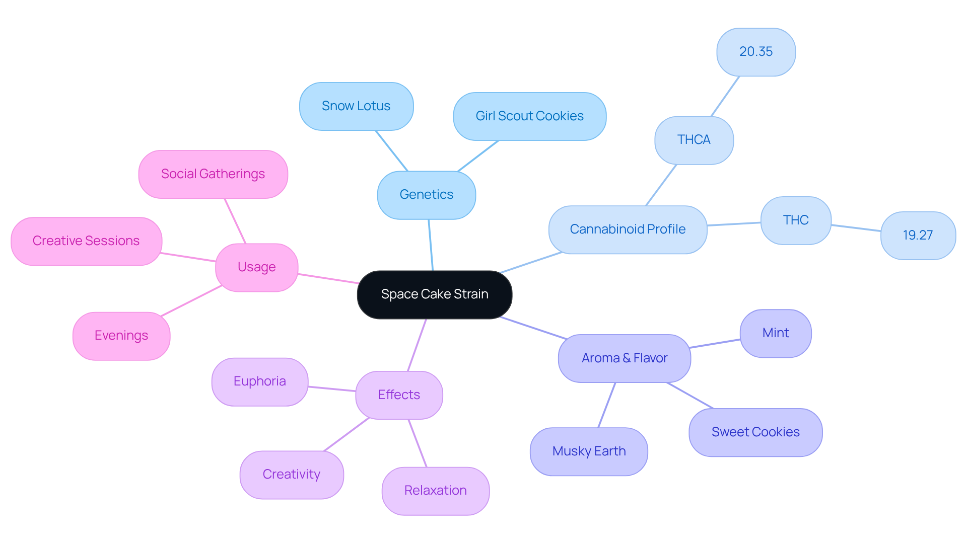 The center node represents the strain, with branches showing its various characteristics. Each color-coded branch helps you see the different aspects and how they relate to the overall profile of the space cake strain.