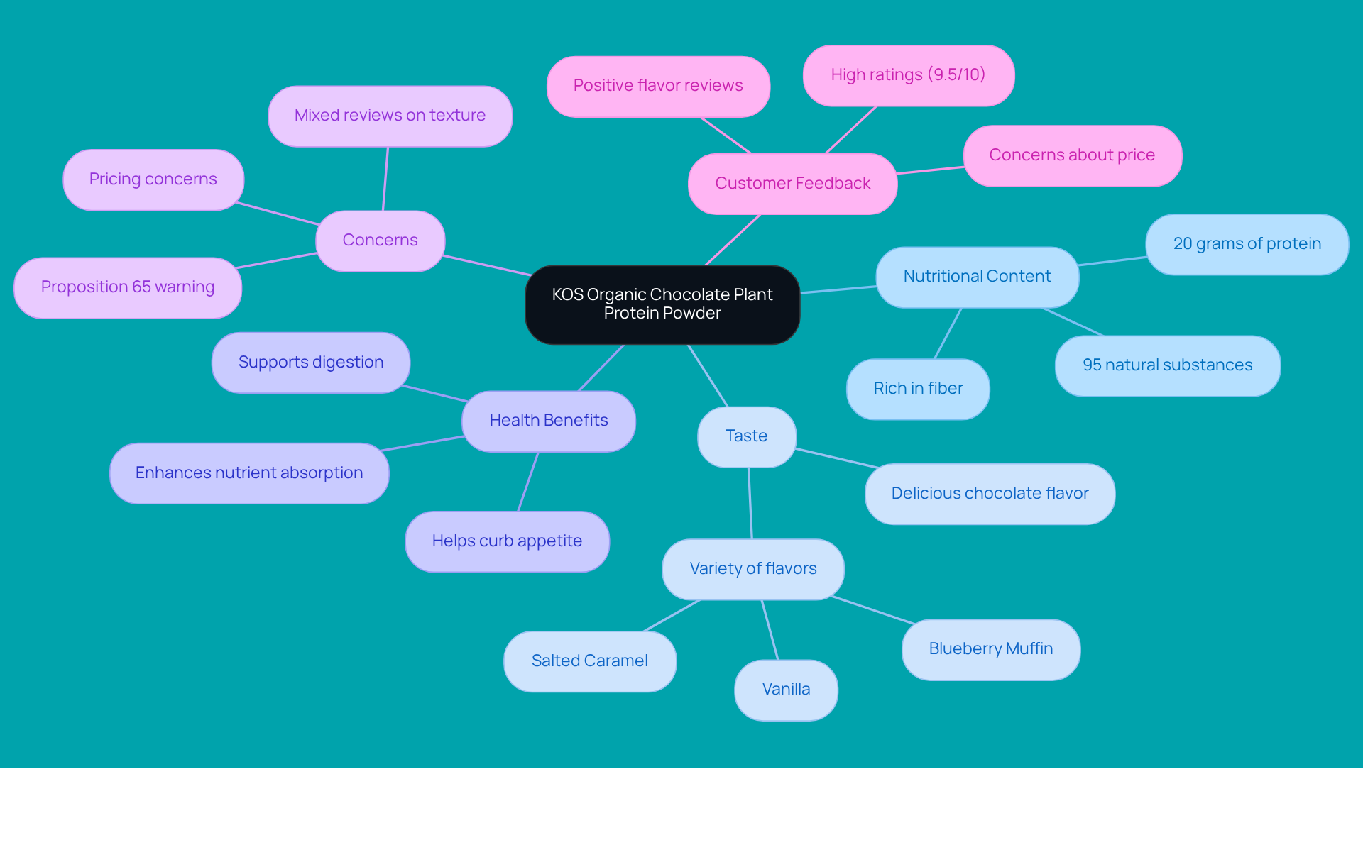 The central node represents the protein powder, and the branches show its key features and considerations. Each color-coded branch helps you quickly identify different aspects of the product.