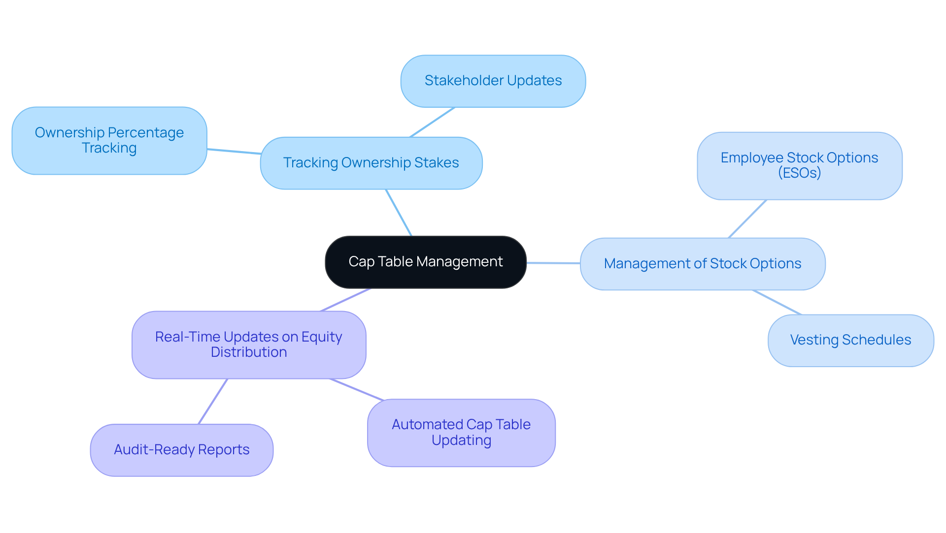 This mindmap starts with the main idea of cap table management at the center. Each branch represents a key functionality of the software, showing how they contribute to effective ownership tracking and management.