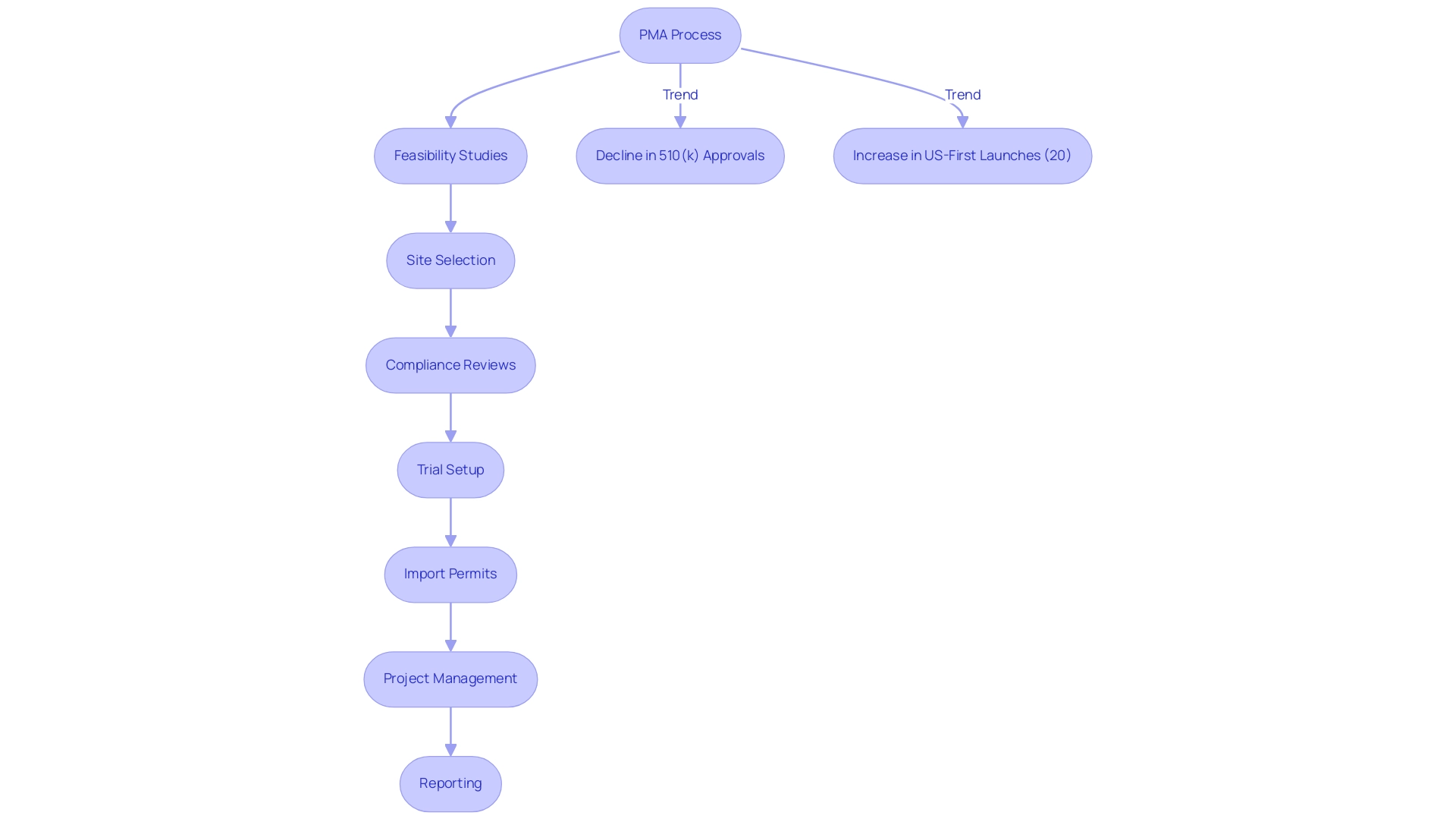 Boxes represent steps in the PMA process, with arrows indicating workflow. Additional notes highlight trends in approval pathways and market access.