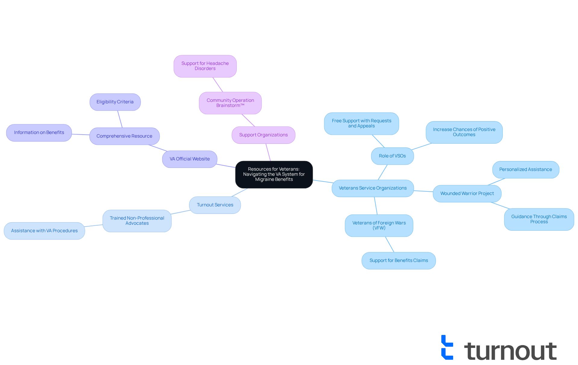 The central node represents the main topic, while branches illustrate various resources and organizations that assist veterans. Each branch highlights specific services offered, showing how they help navigate the VA system. The central node represents the main topic, while branches illustrate various resources and organizations that assist veterans. Each branch highlights specific services offered, showing how they help navigate the VA system.