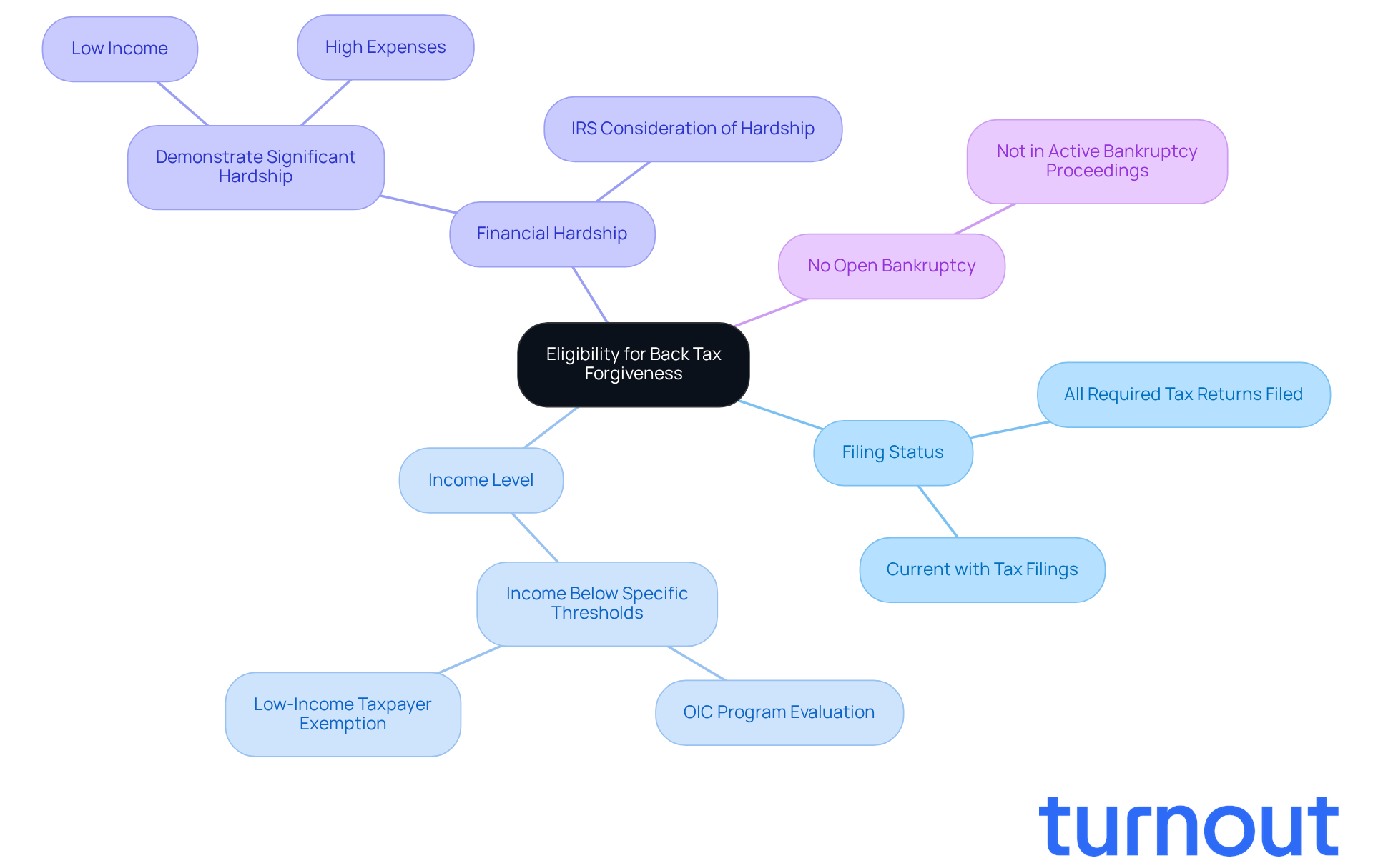 The central node represents the main topic, while the branches show the key factors you need to meet for back tax forgiveness. Each branch provides specific details to help you understand what is required.