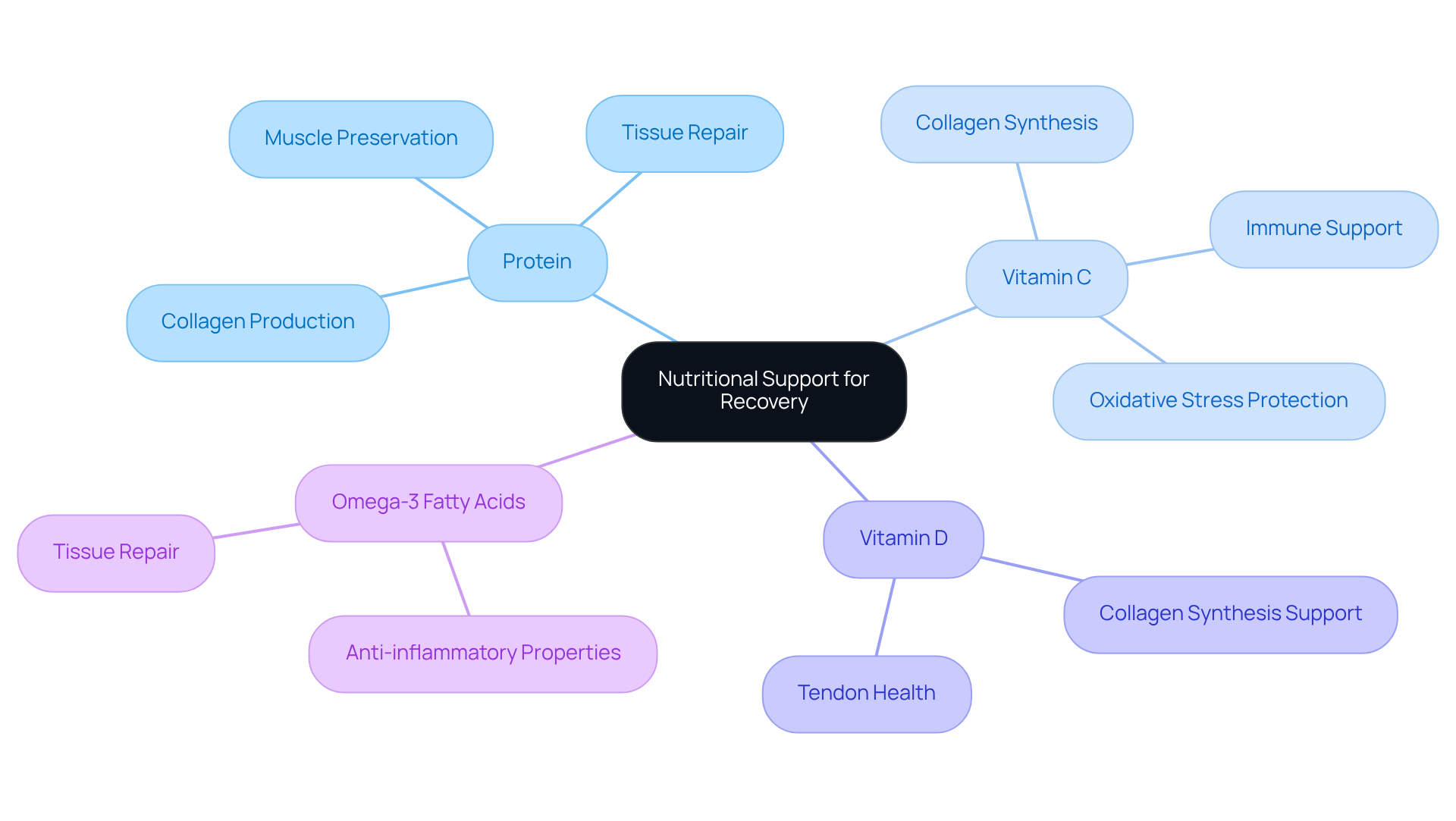 This mindmap illustrates how different nutrients contribute to recovery from injuries. Each branch represents a nutrient, and the sub-branches show their specific benefits. Follow the branches to understand how nutrition can empower your healing journey. This mindmap illustrates how different nutrients contribute to recovery from injuries. Each branch represents a nutrient, and the sub-branches show their specific benefits. Follow the branches to understand how nutrition can empower your healing journey.